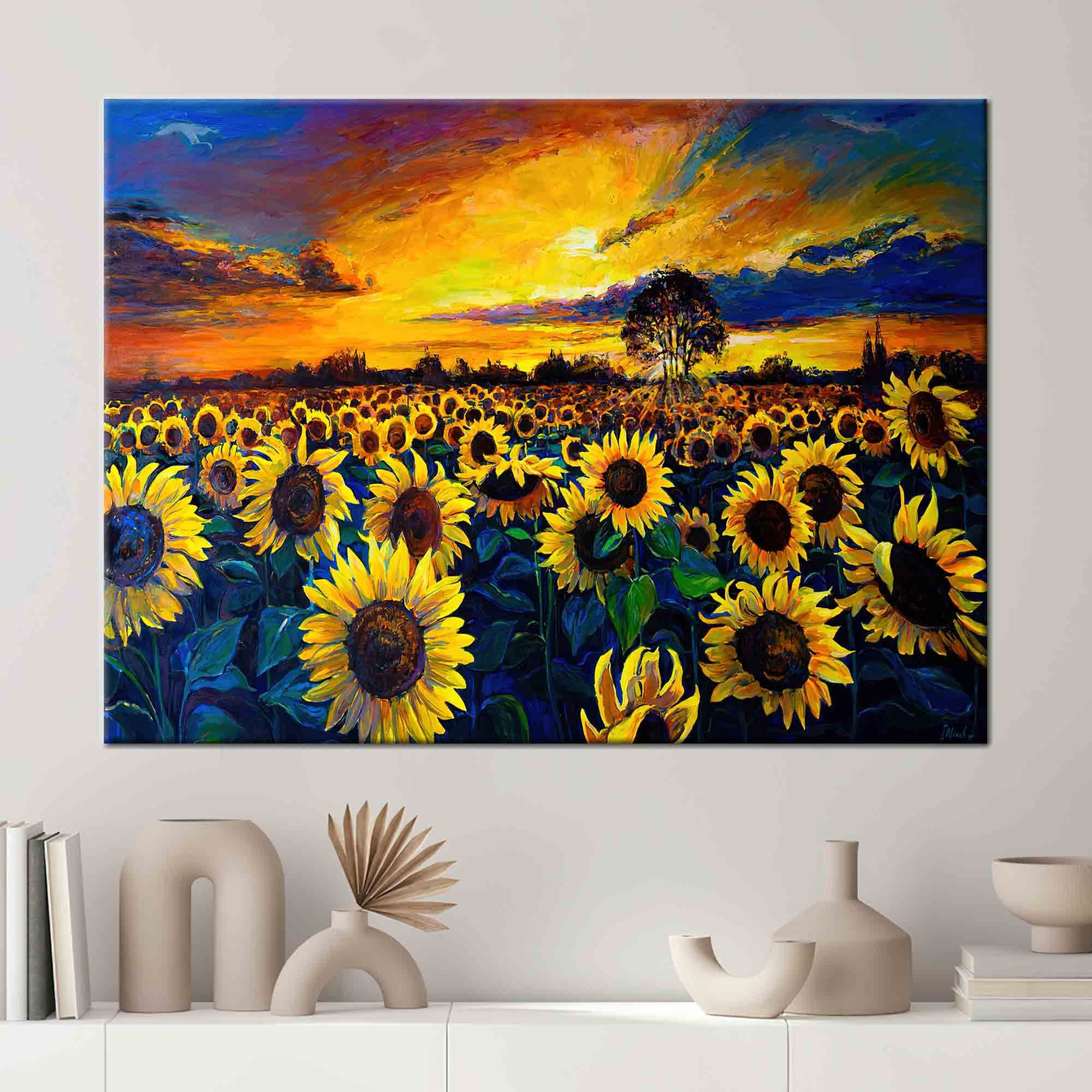 kayra export Sunset Landscape Canvas Art Featuring a Sunflower Field ...