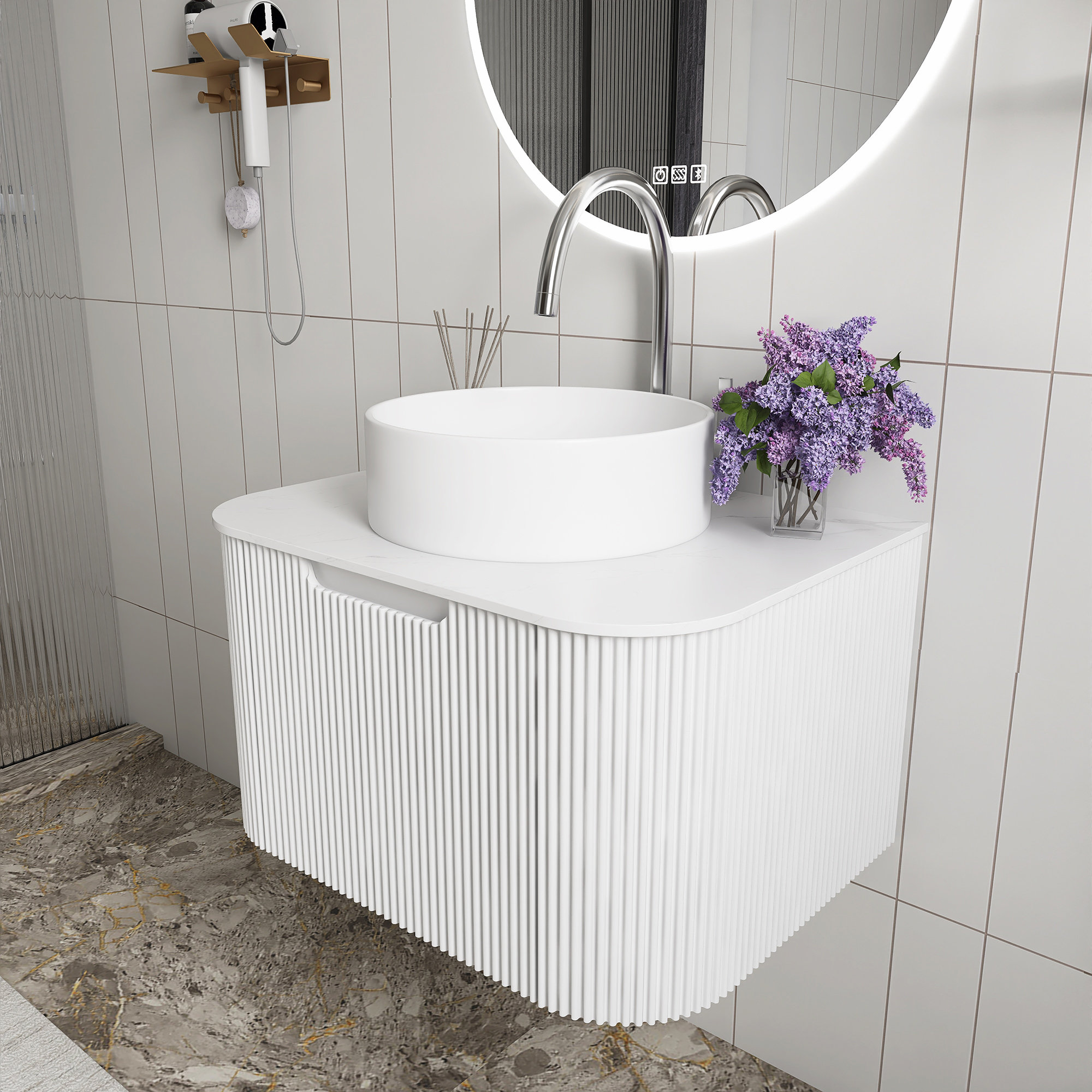 Ebern Designs Wall-Mounted Floating Curved Edges Striped Bathroom ...