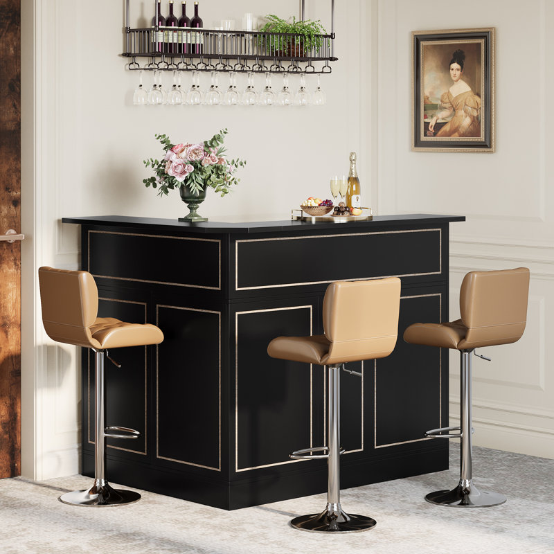 Ebern Designs L-Shaped Bar Cabinet, 4-Tier Home Bar Table with Stemware ...
