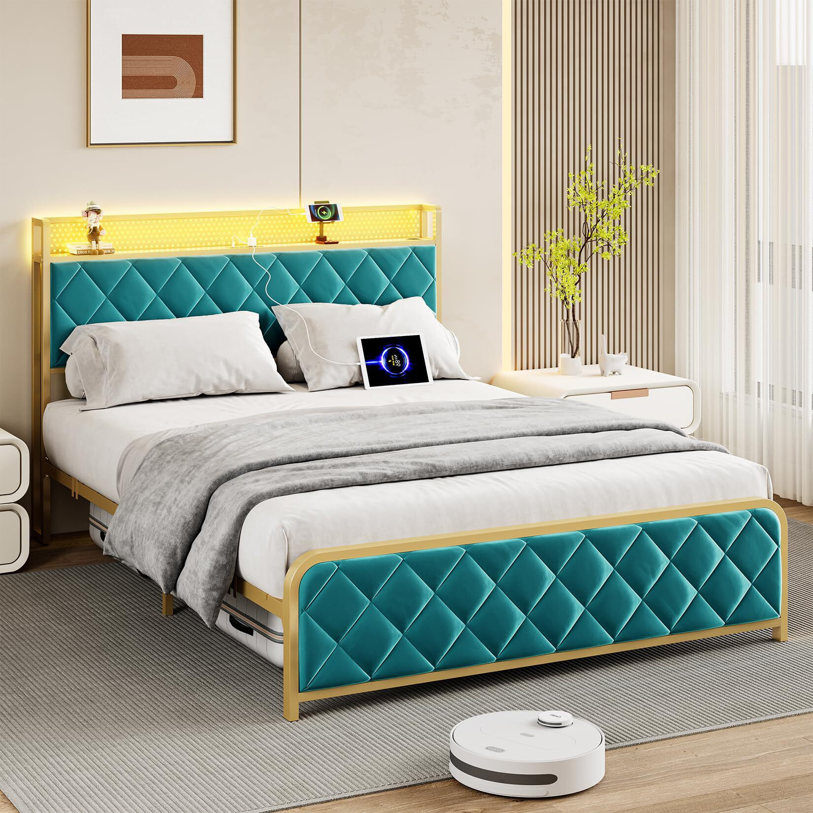 Mercer41 Bed Frame With Velvet Storage Headboard , Platform Bed Frame ...