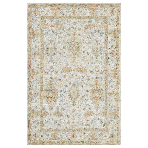 Bungalow Rose Floral Hand-Tufted Cut & Looped Natural Wool Indoor Area ...