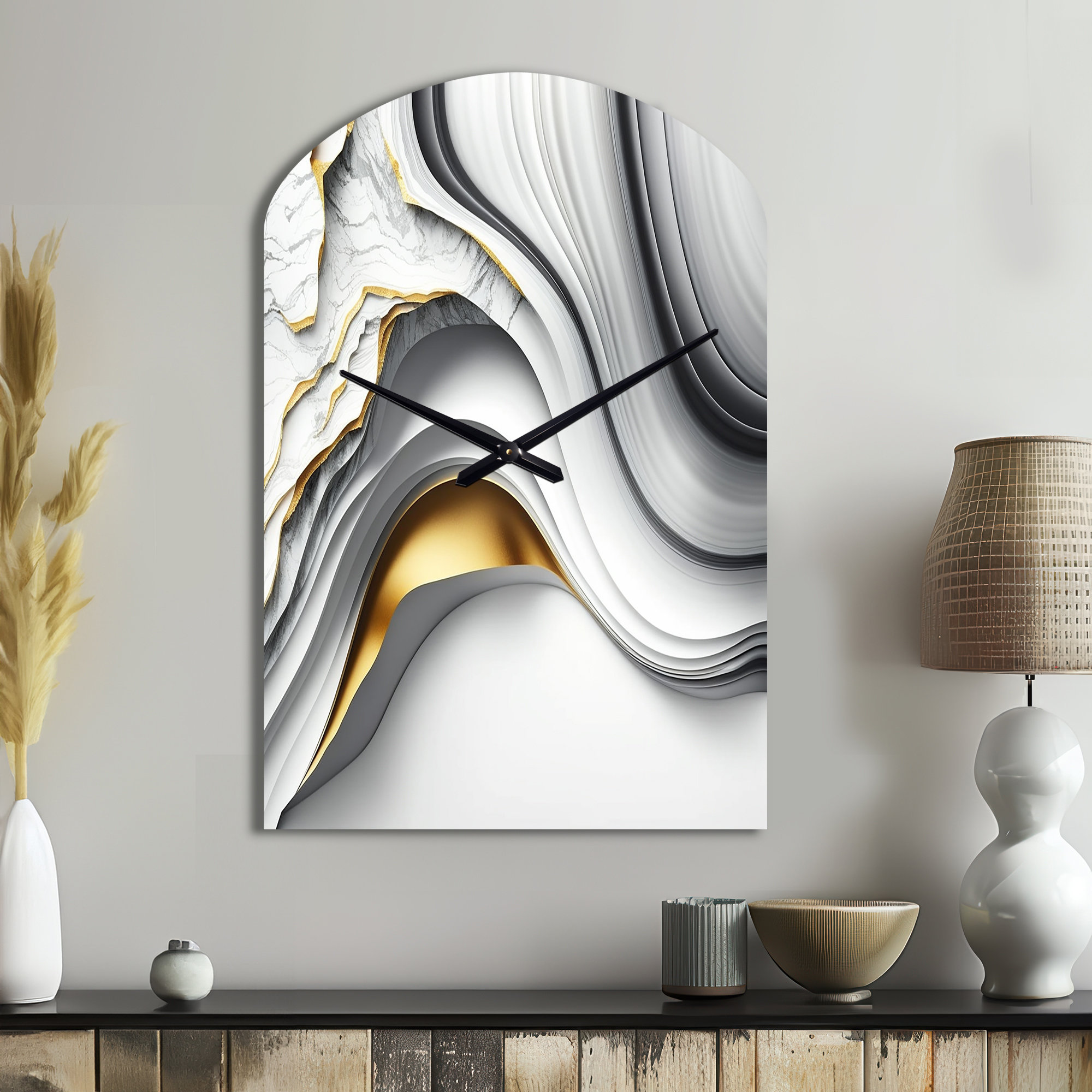 Design Art Abstract Geode Waves Grey I - Arch Shape Gray Wall Clock ...