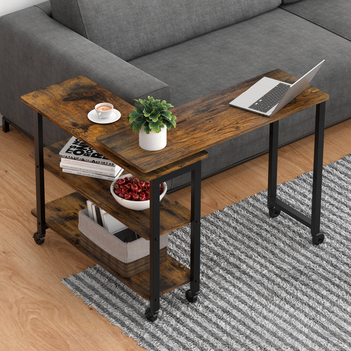 17 Stories Swivel Desk Side Table With Wheels And Shelves & Reviews ...