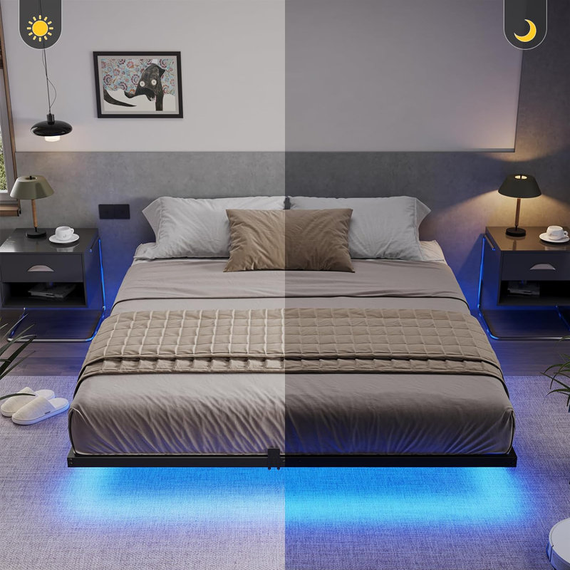 Wrought Studio™ Floating Bed Frame Queen Size With Led Lights, Metal ...
