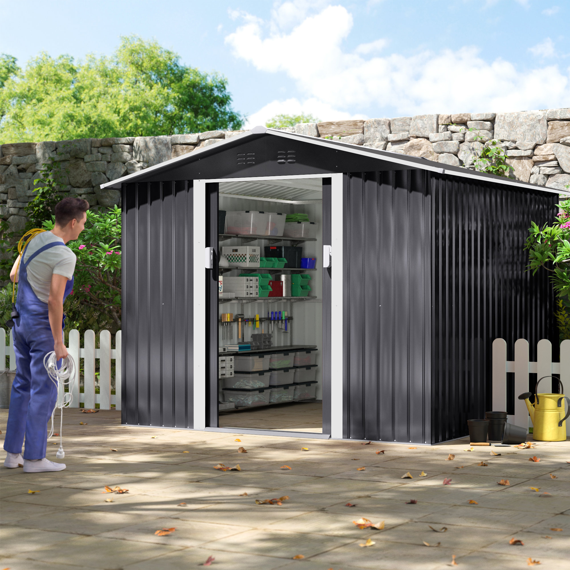 Jaxpety 8'ft W wx8'ft D Metal Large Outdoor Storage Shed with Sturdy ...