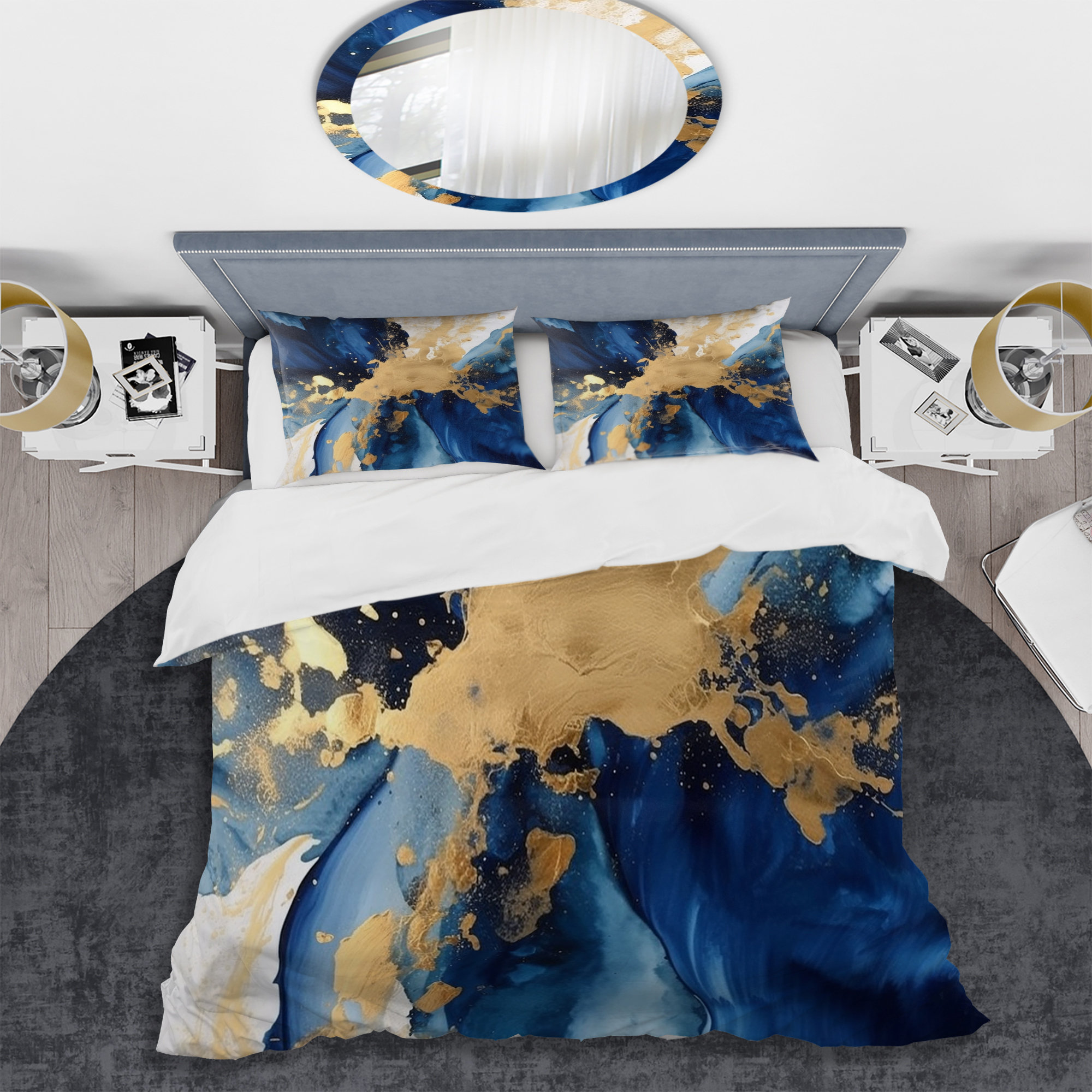 Design Art Dark Blue and Gold Strokes VIII Microfiber / Polyester Duvet ...