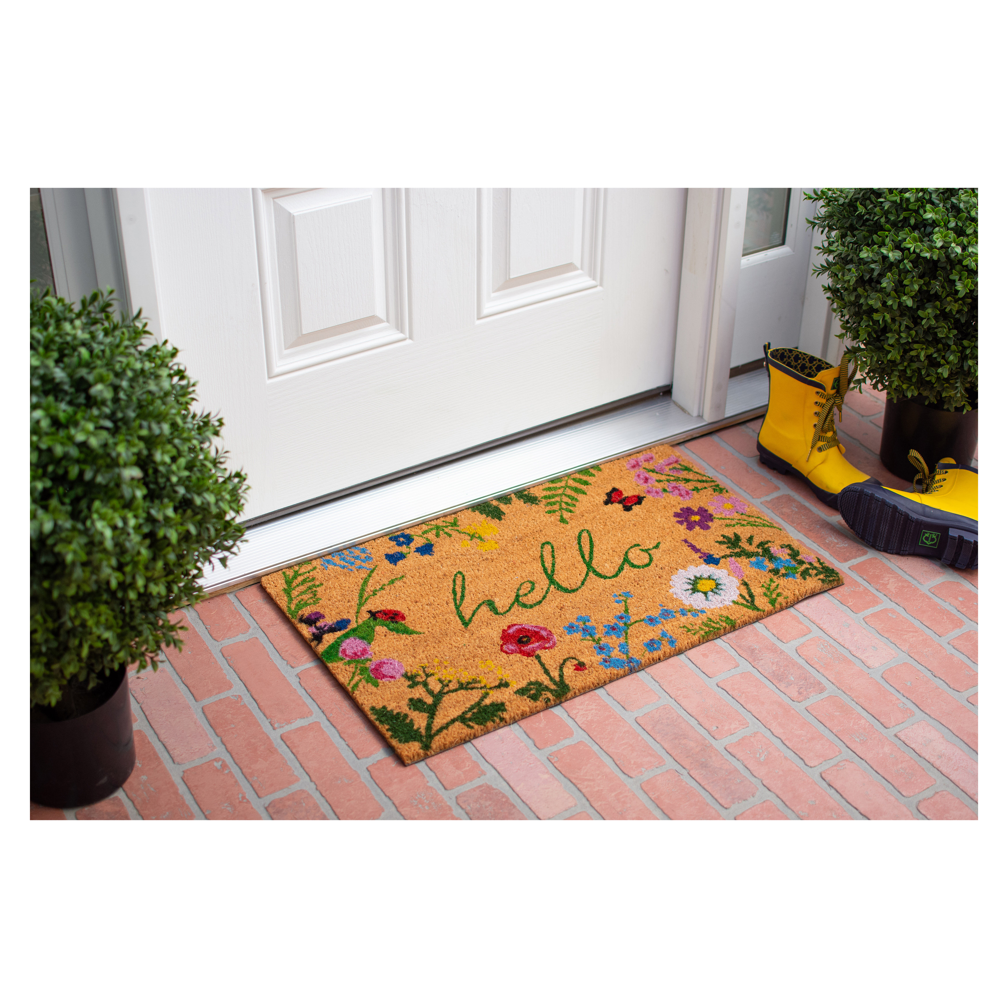 August Grove® Mendelson Floral Hello Non-Slip Outdoor Door Mat ...