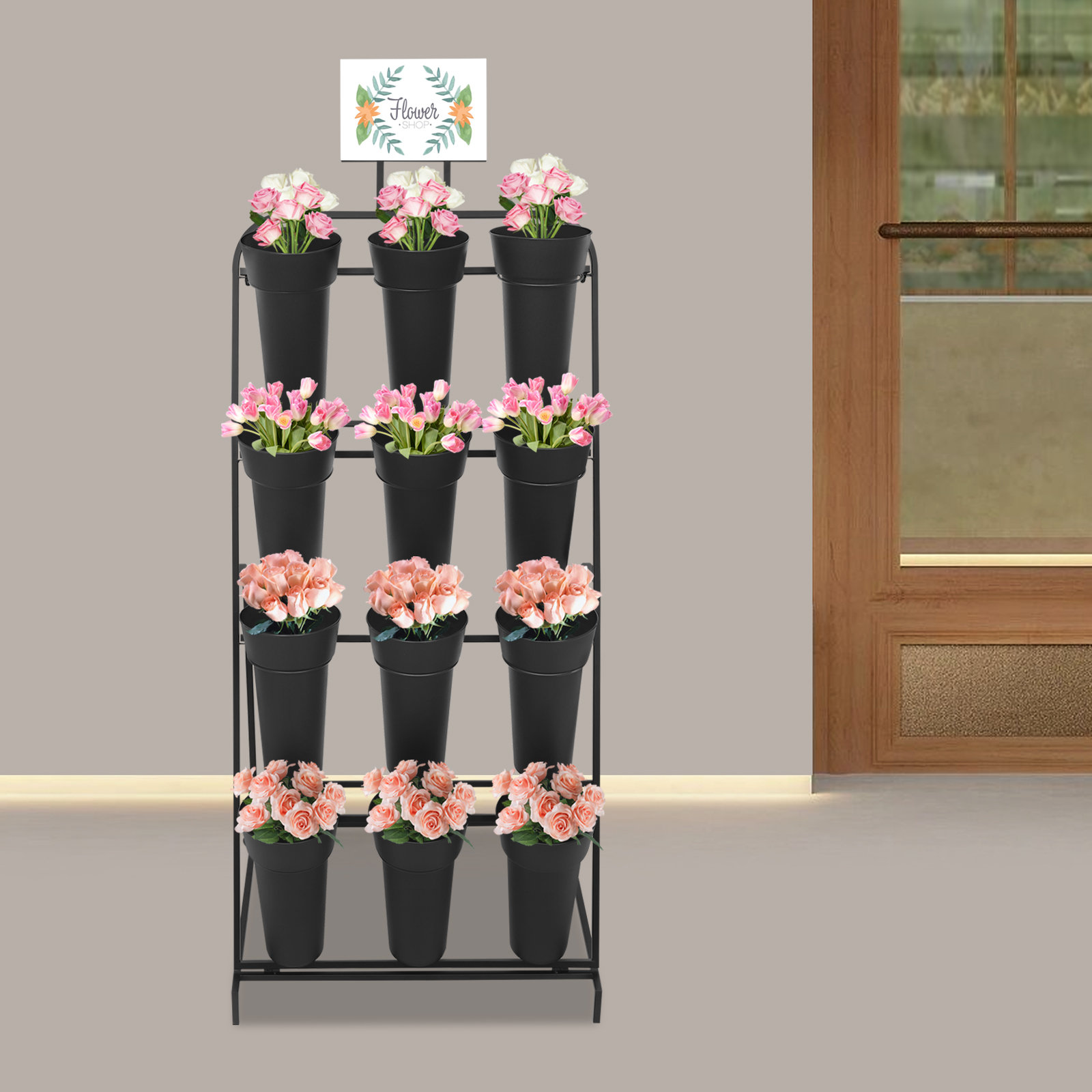 Arlmont & Co. 4-layer Flower Display Stand With 12 Plastic Buckets ...