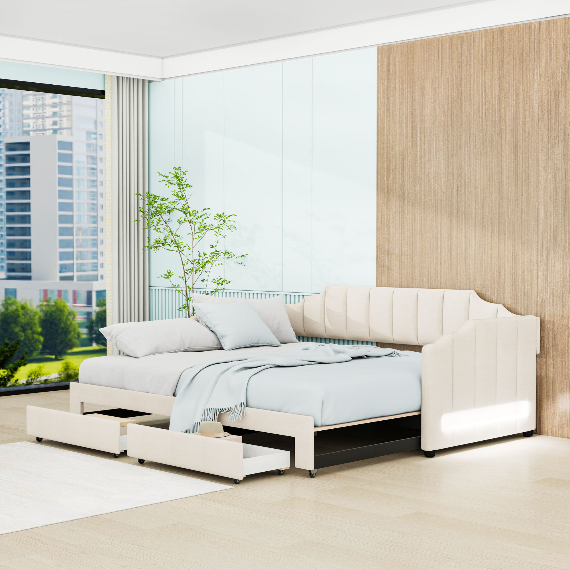 Lark Manor™ Twin XL Linen Extendable Upholstered Daybed with LED ...