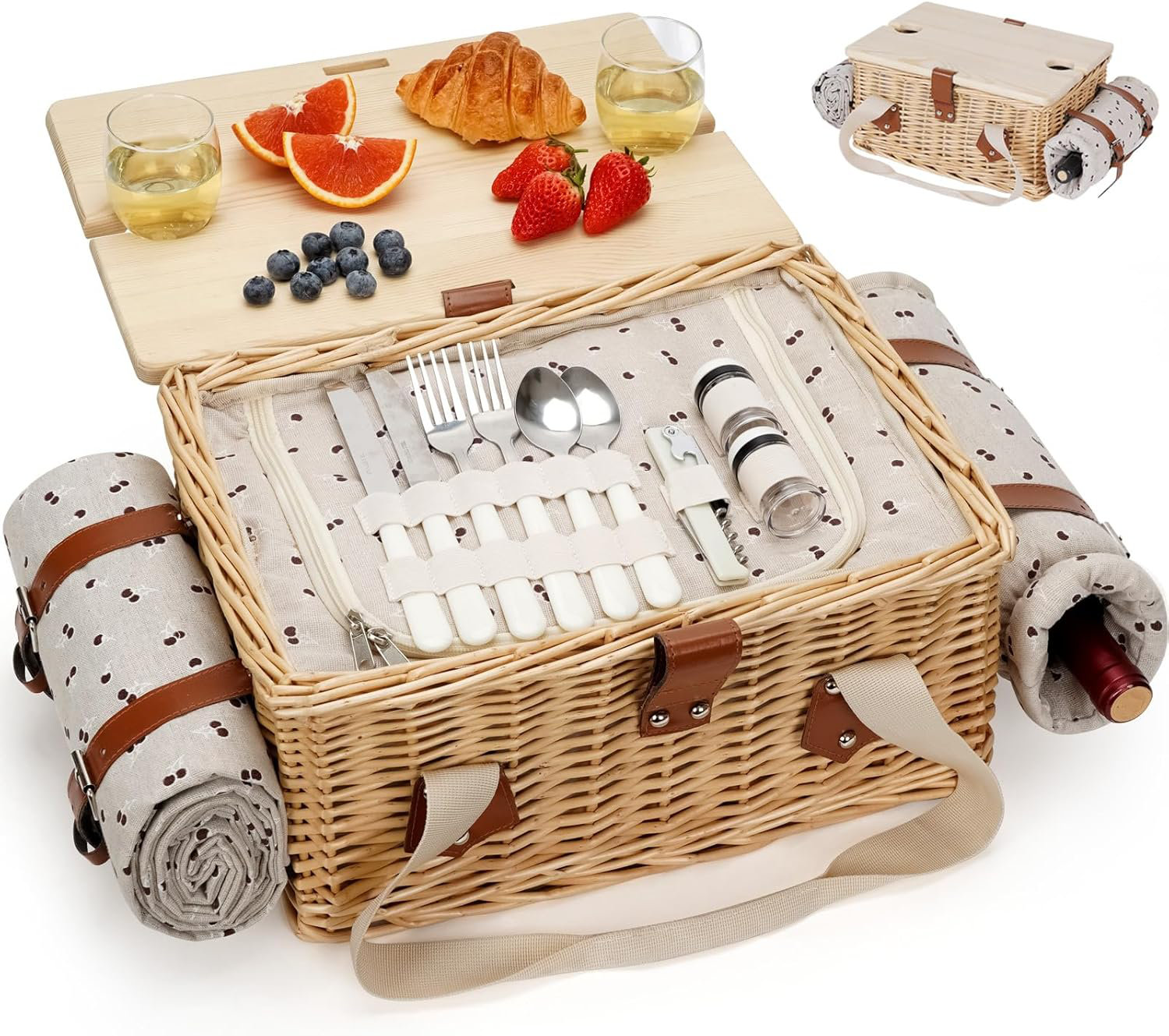 STIDOLA Picnic Basket for 2, Handmade Wicker Picnic Set with Folding ...