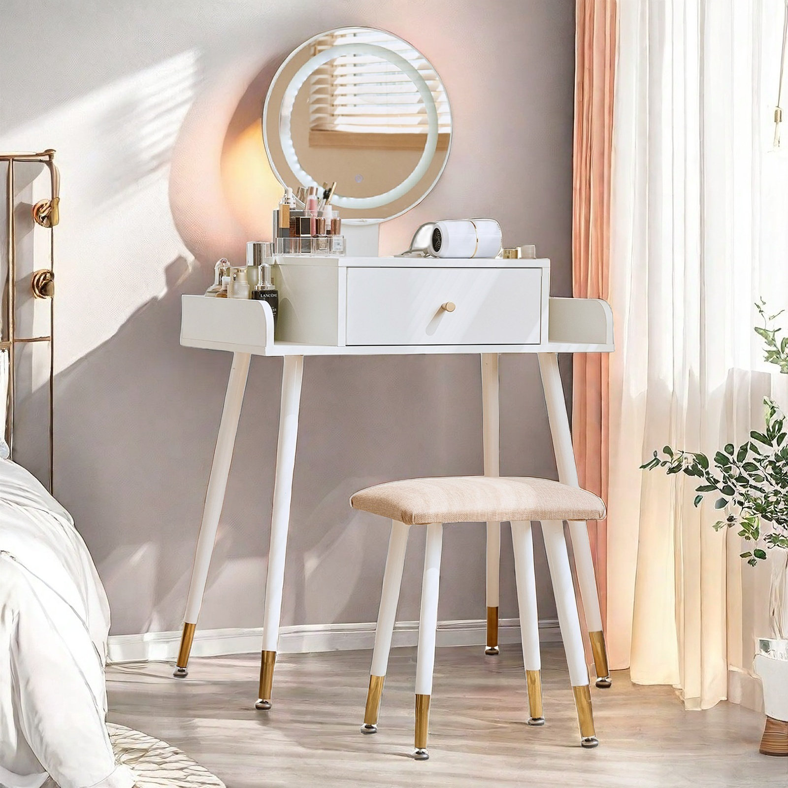 Wrought Studio Small Makeup Vanity Set with Charging Station, Compact ...