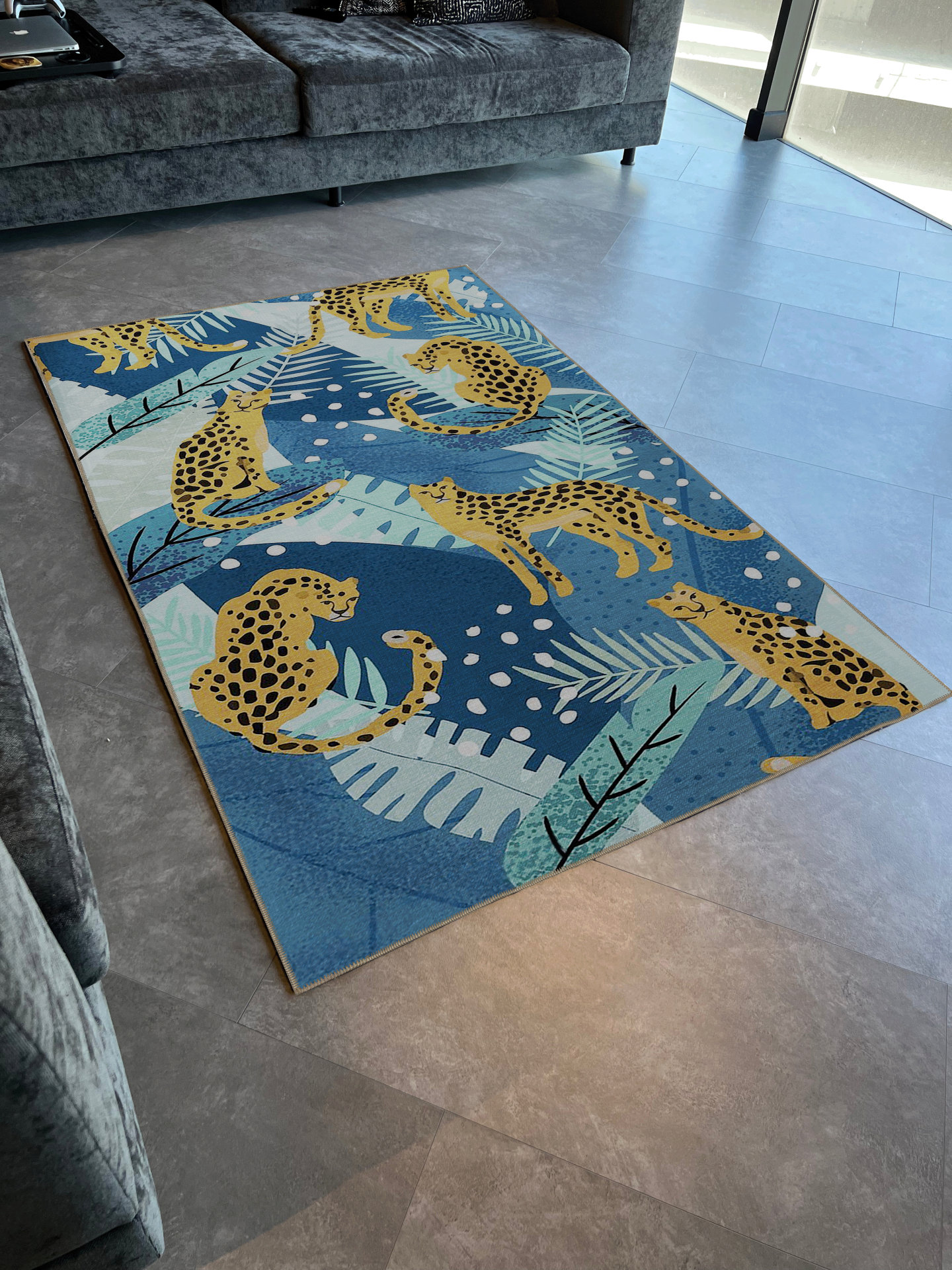 Dakota Fields Mira Blue Themed Leopard and Flower Leaf Patterned Modern ...