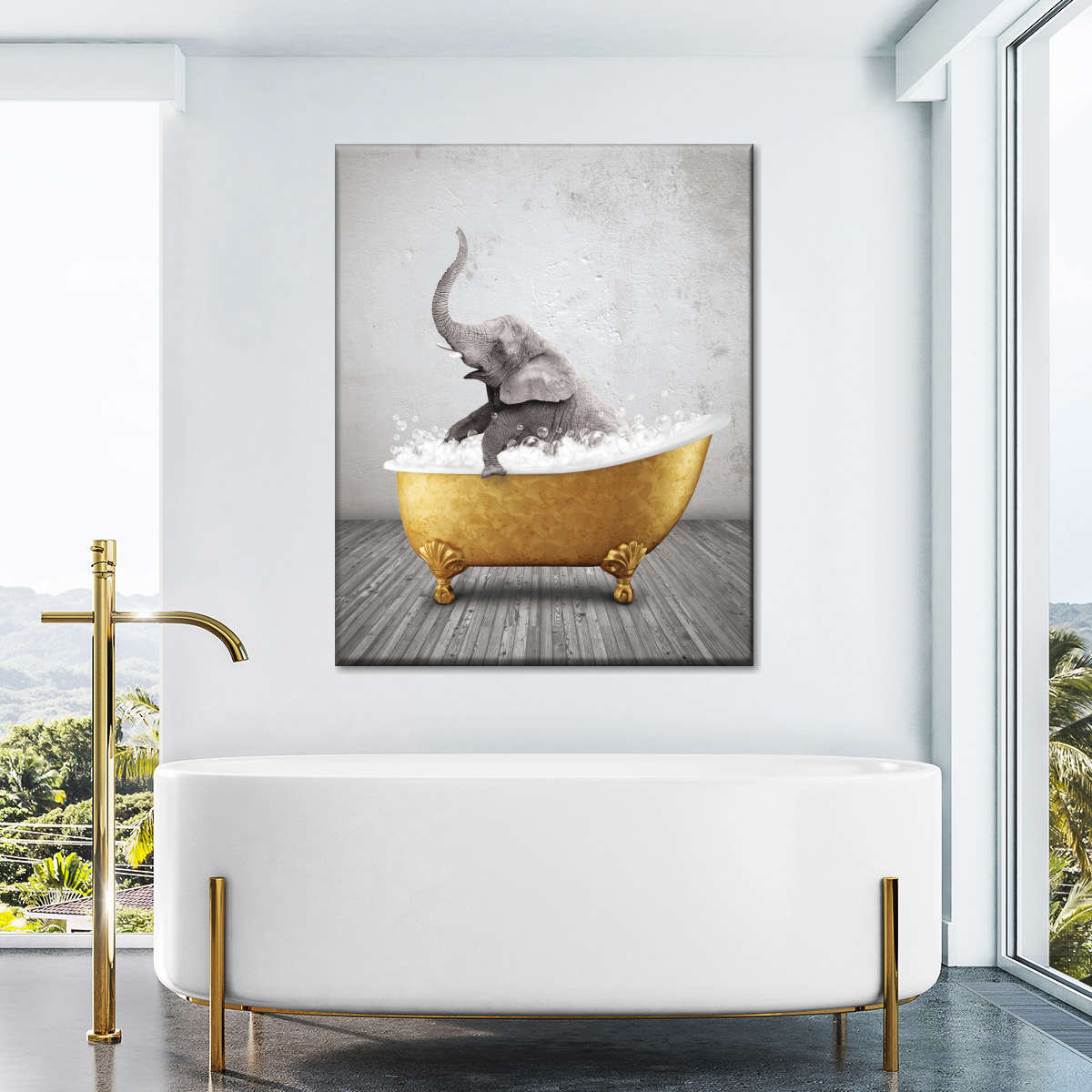 Bungalow Rose Bathtub Animals Elephant Gold Canvas Print | Wayfair