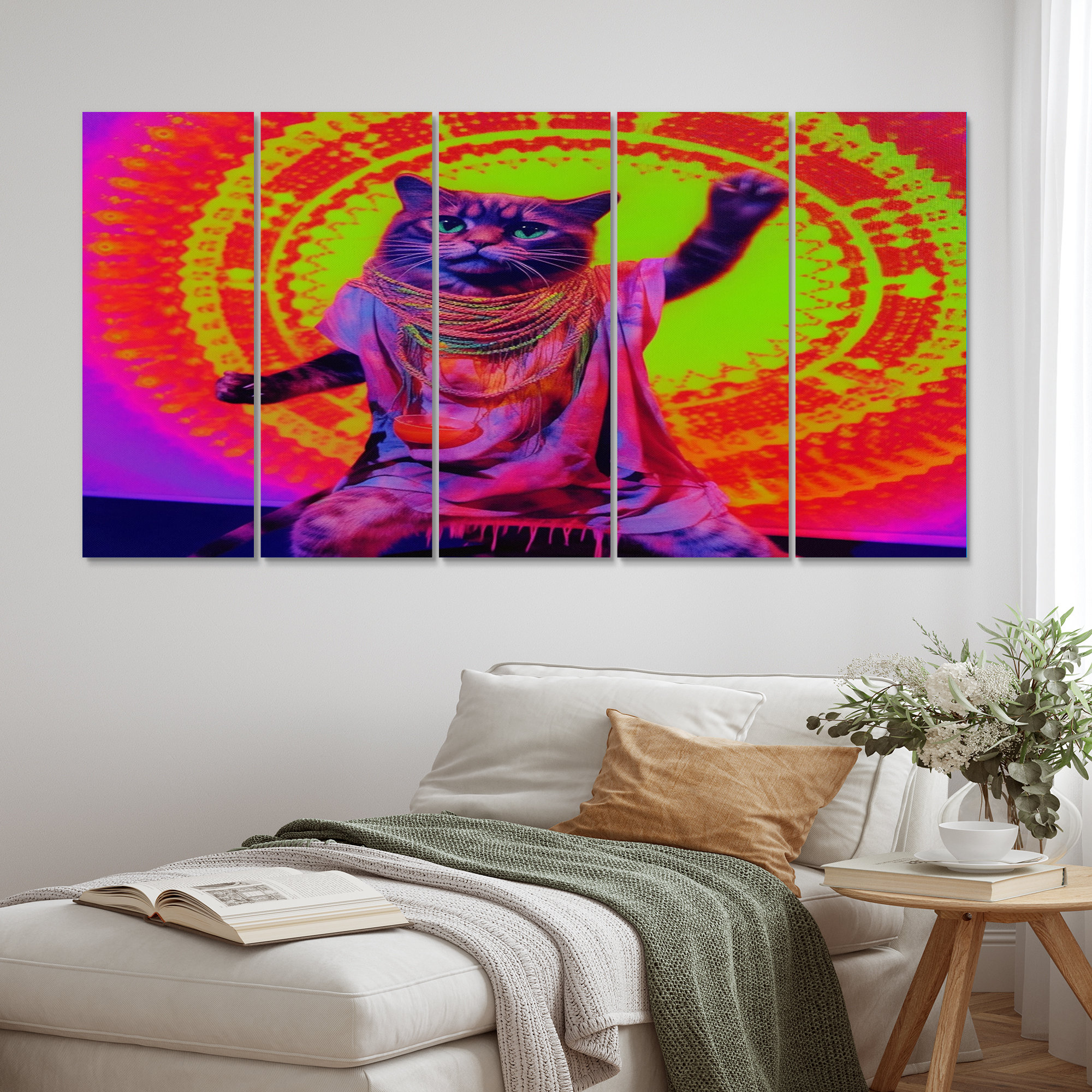 Trinx Rave Cat In Neon - Animals Cat Canvas Wall Art - 5 Equal Panels ...