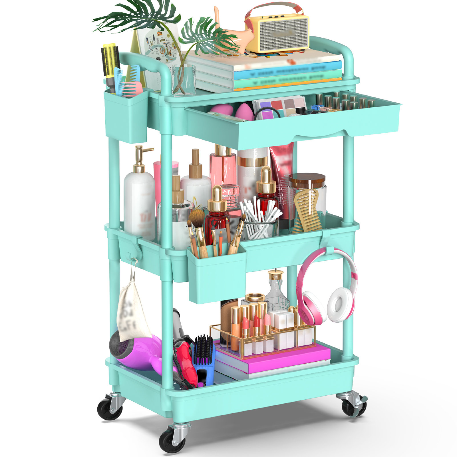 SUNALLY 3 Tier Rolling Cart with Drawer & Lockable Wheels, Plastic ...