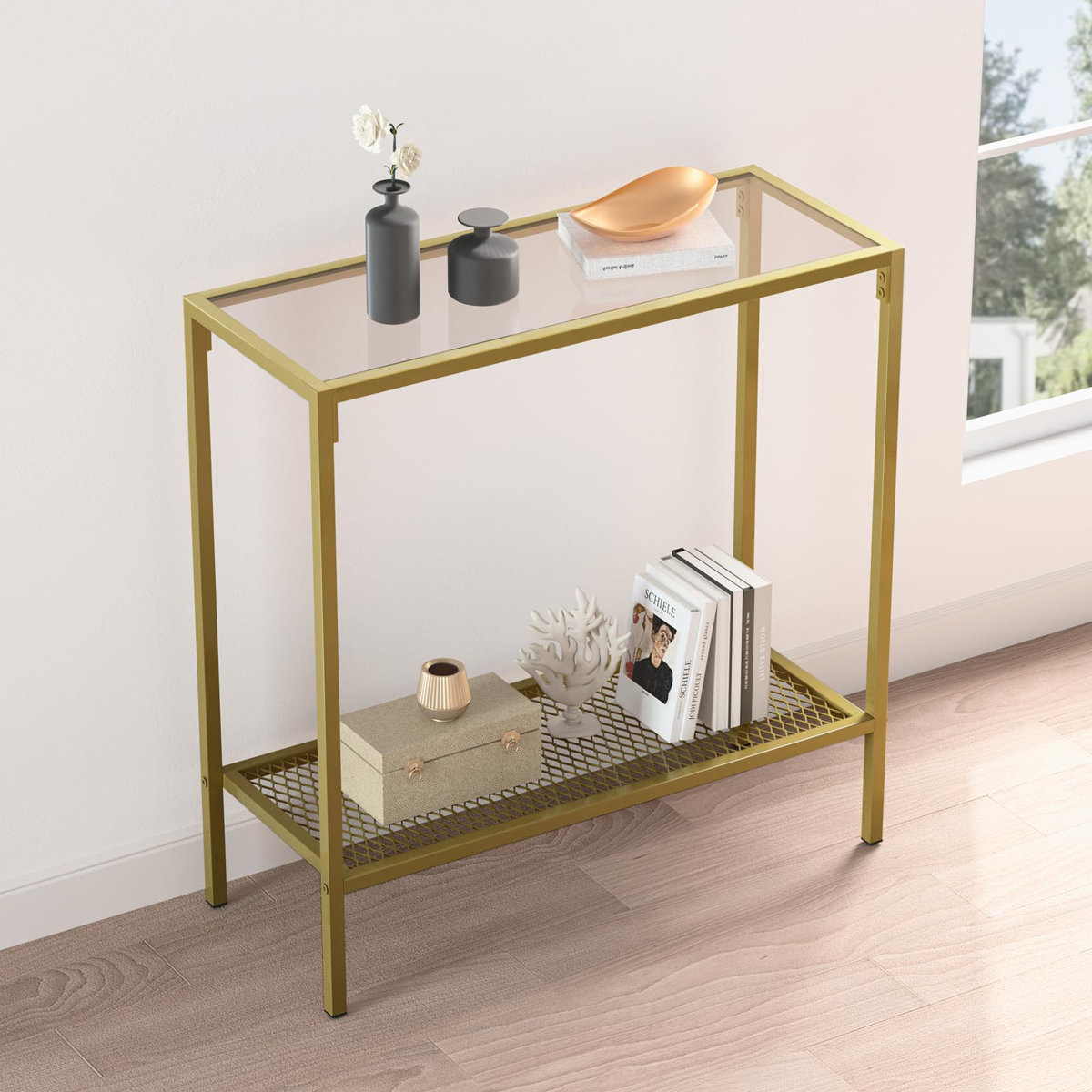 Mercer41 Gold Console Table Small Glass Entryway Table Narrow Sofa ...