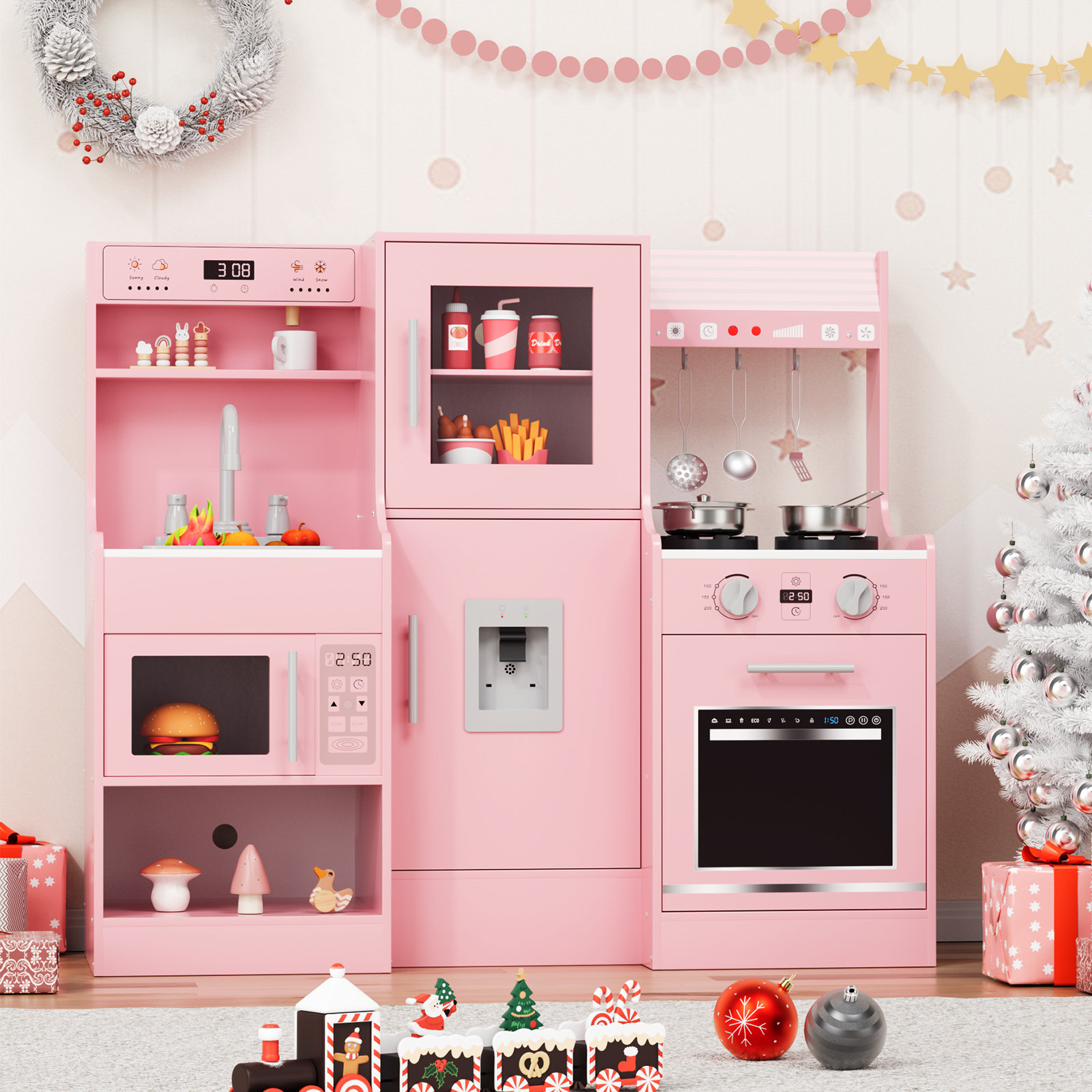 Pirecart Wooden Play Kitchen For Kids, Toy Kitchen Sets With 6-piece ...