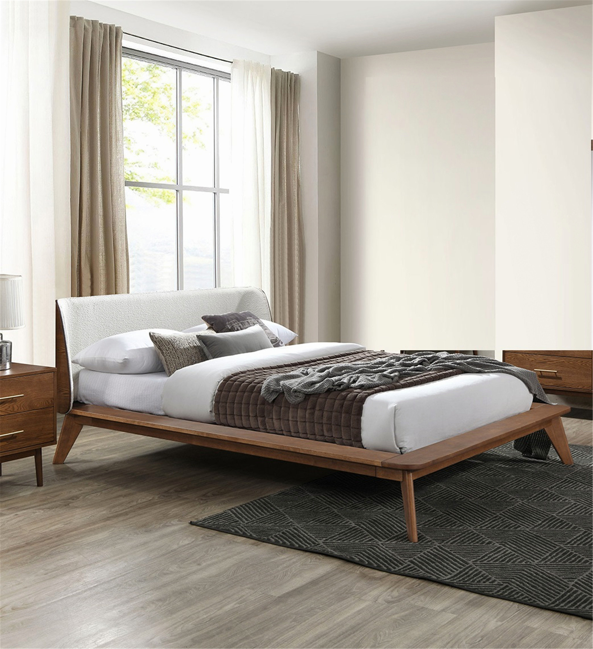 Corrigan Studio® Mid-Century Modern Walnut Bed with Fabric Winged Edge ...