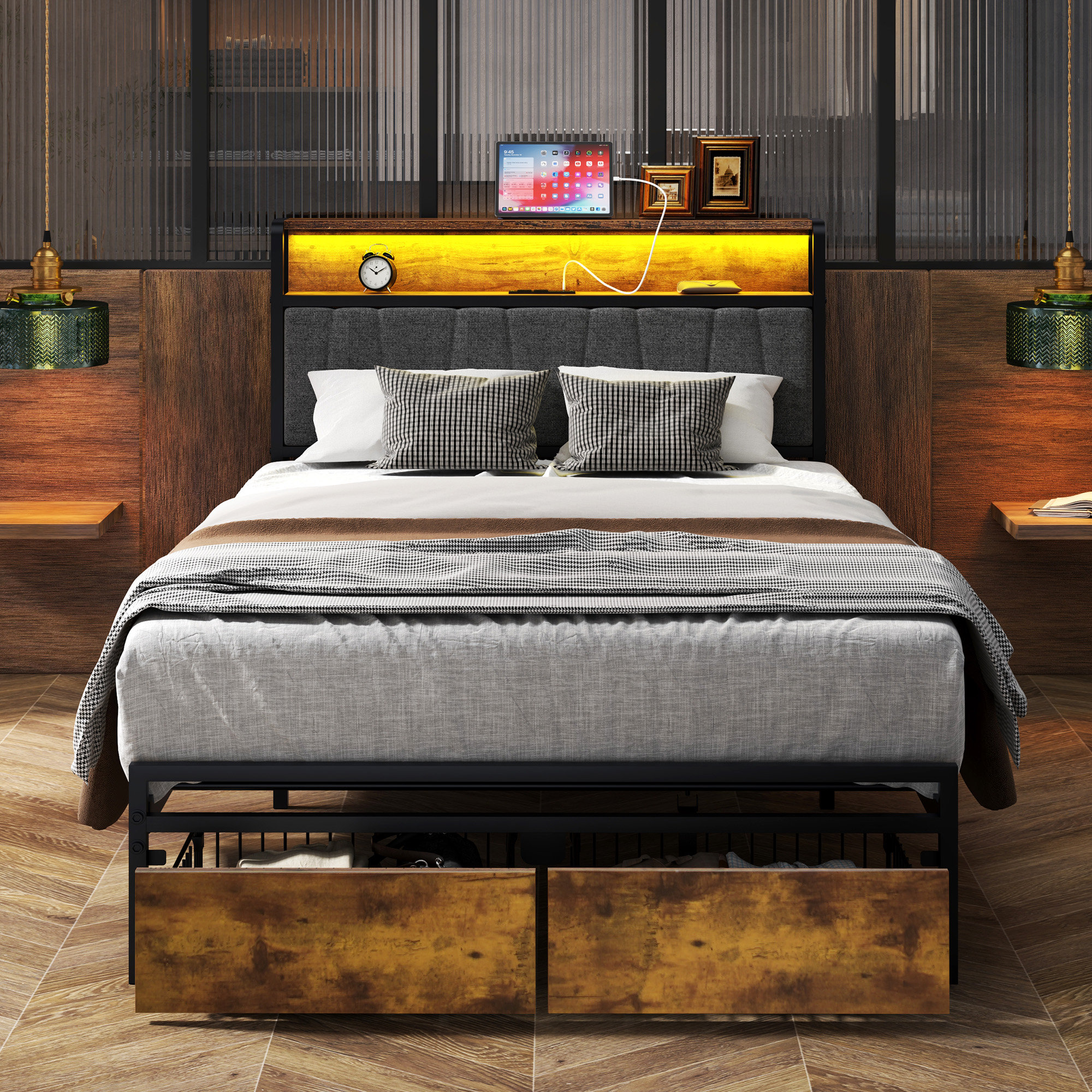 Wrought Studio™ Black Metal Bed Frame with Headboard and Charging ...