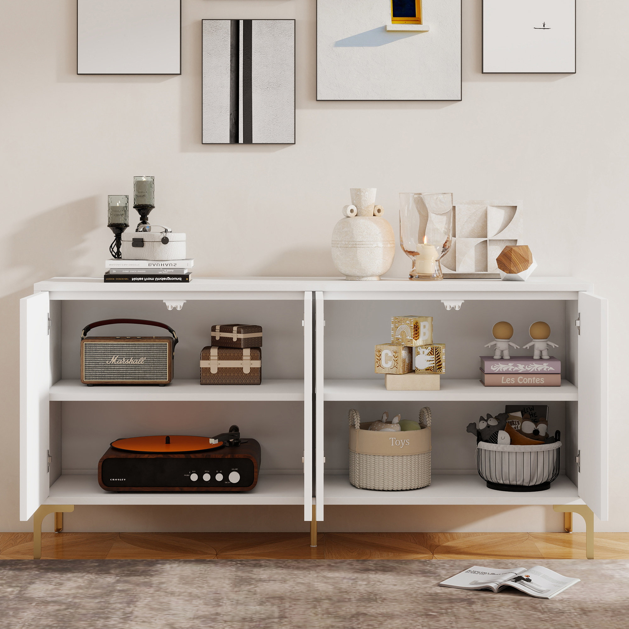 Mercer41 60 Inch Buffet Cabinet With Storage Wood Sideboard Cabinet ...