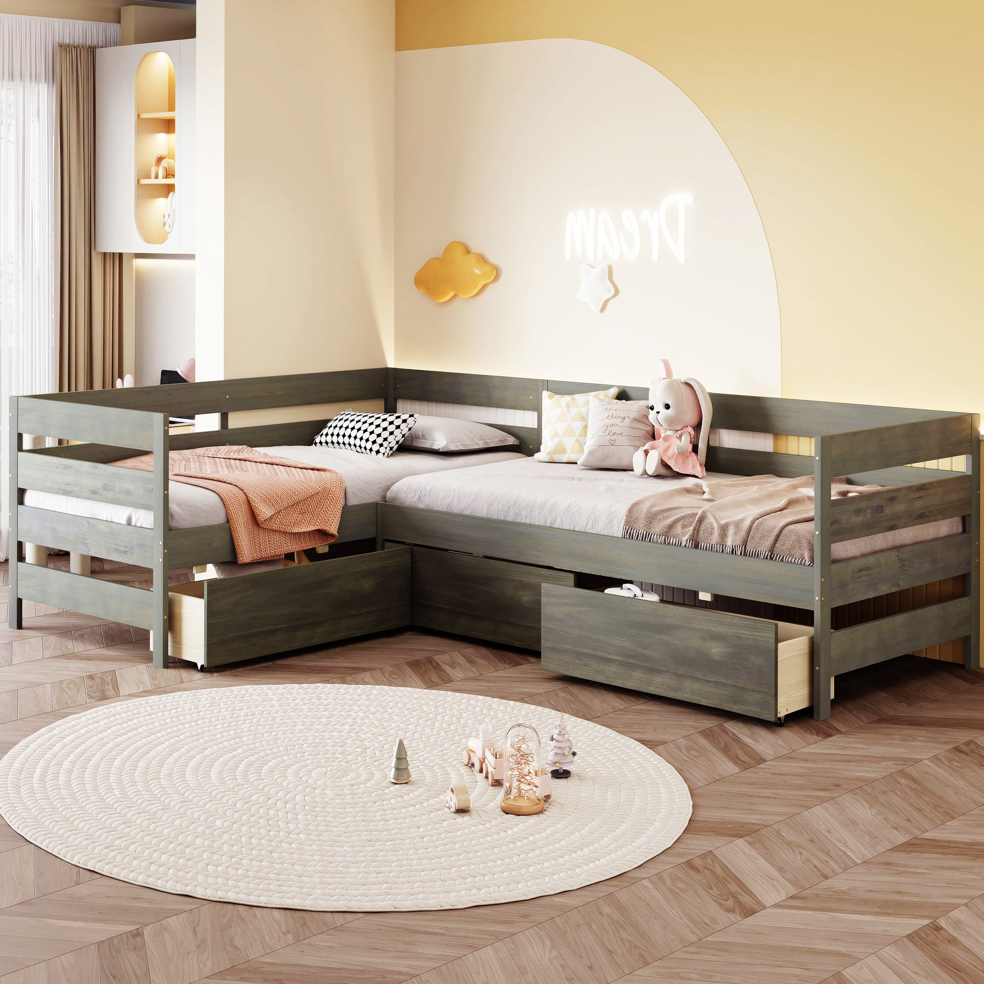 Harriet Bee L-Shaped Platform Bed With Three Storage Drawers | Wayfair
