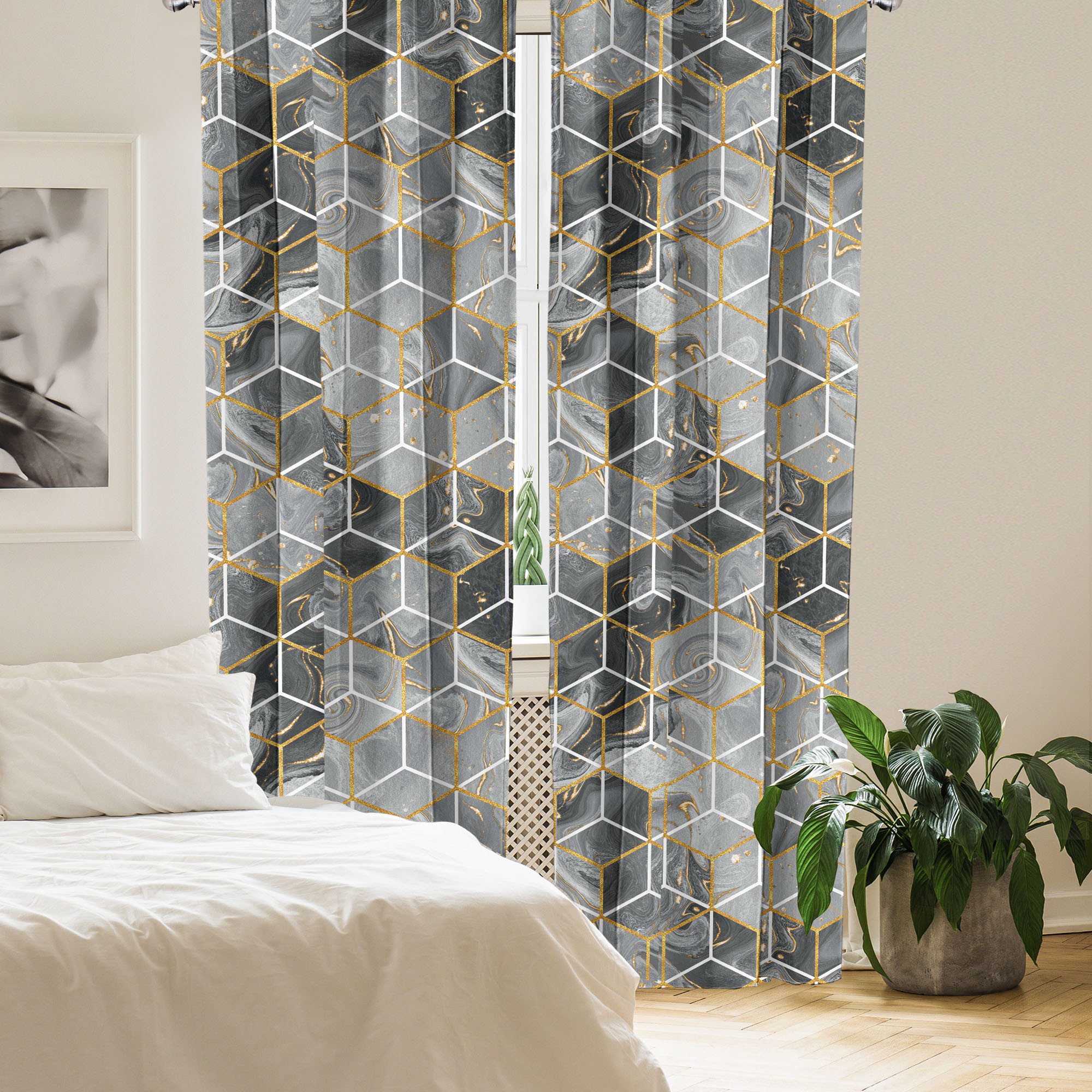 East Urban Home Geometric Curtains Gold Cubes 3D Style Art Pair 427549 ...