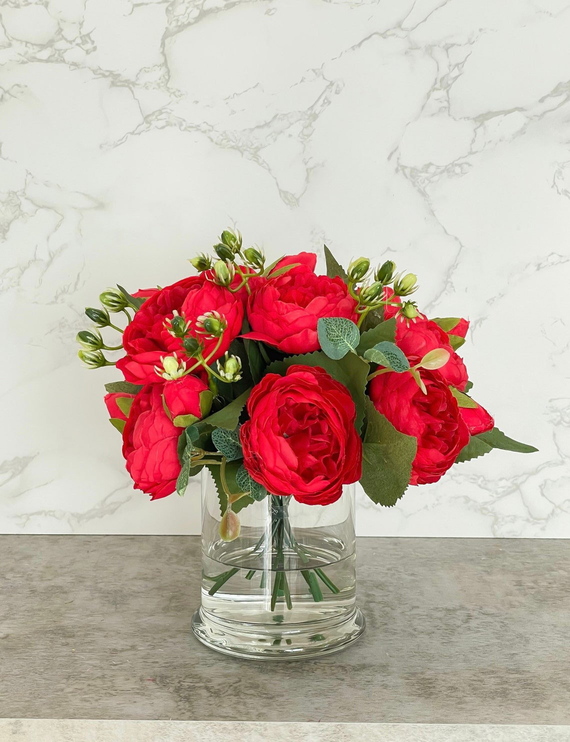 Primrue Red Rose Peony Silk Arrangement In Glass Vase | Wayfair