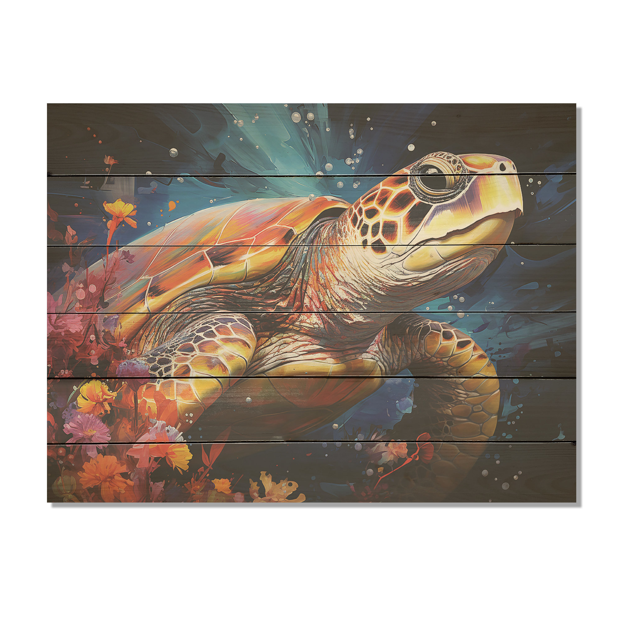 Design Art Serene Turtle Underwaters - Turtle Wood Panel Wall Art On ...