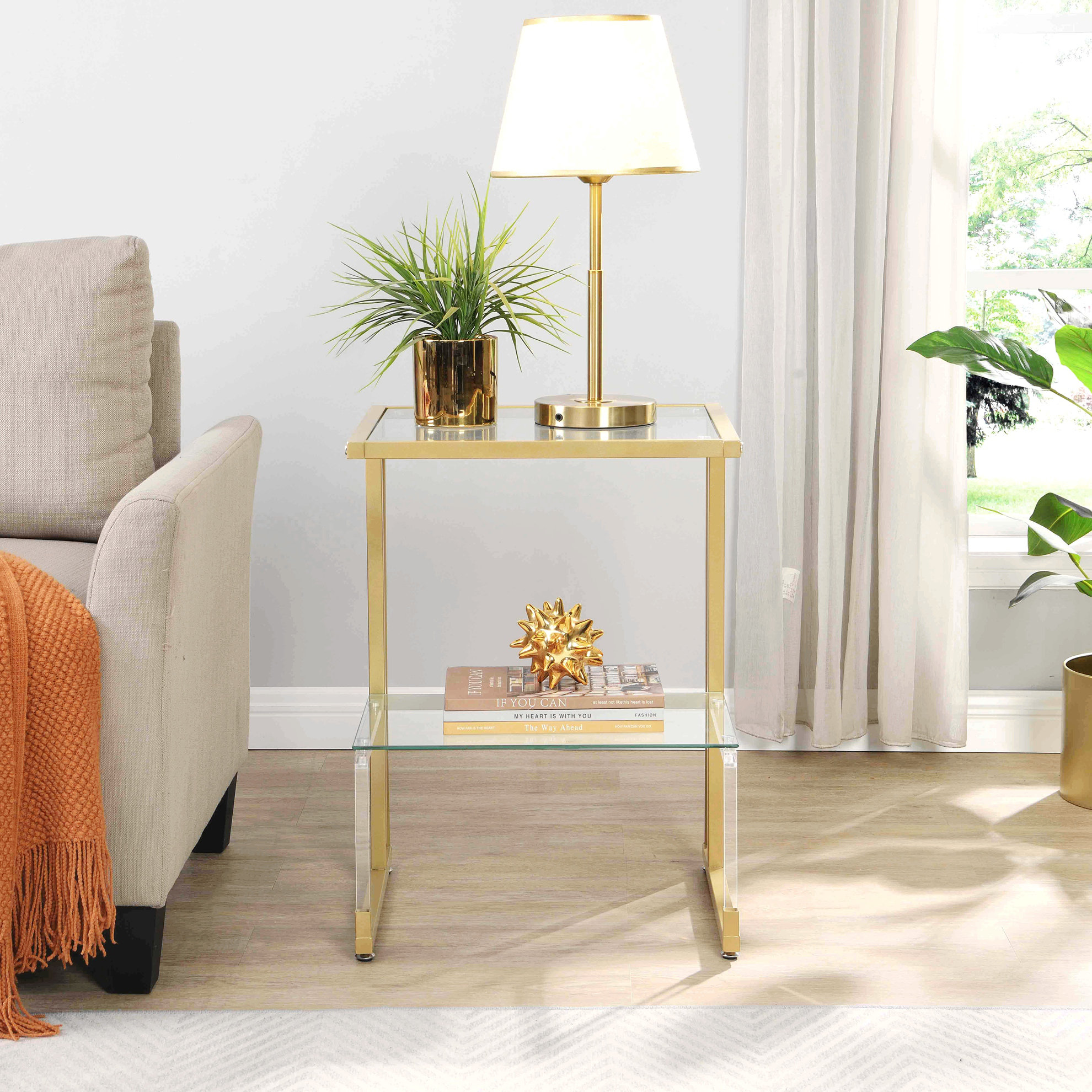 Mercer41 Golden Side Table, 2-Tier Acrylic Glass End Table For Living ...