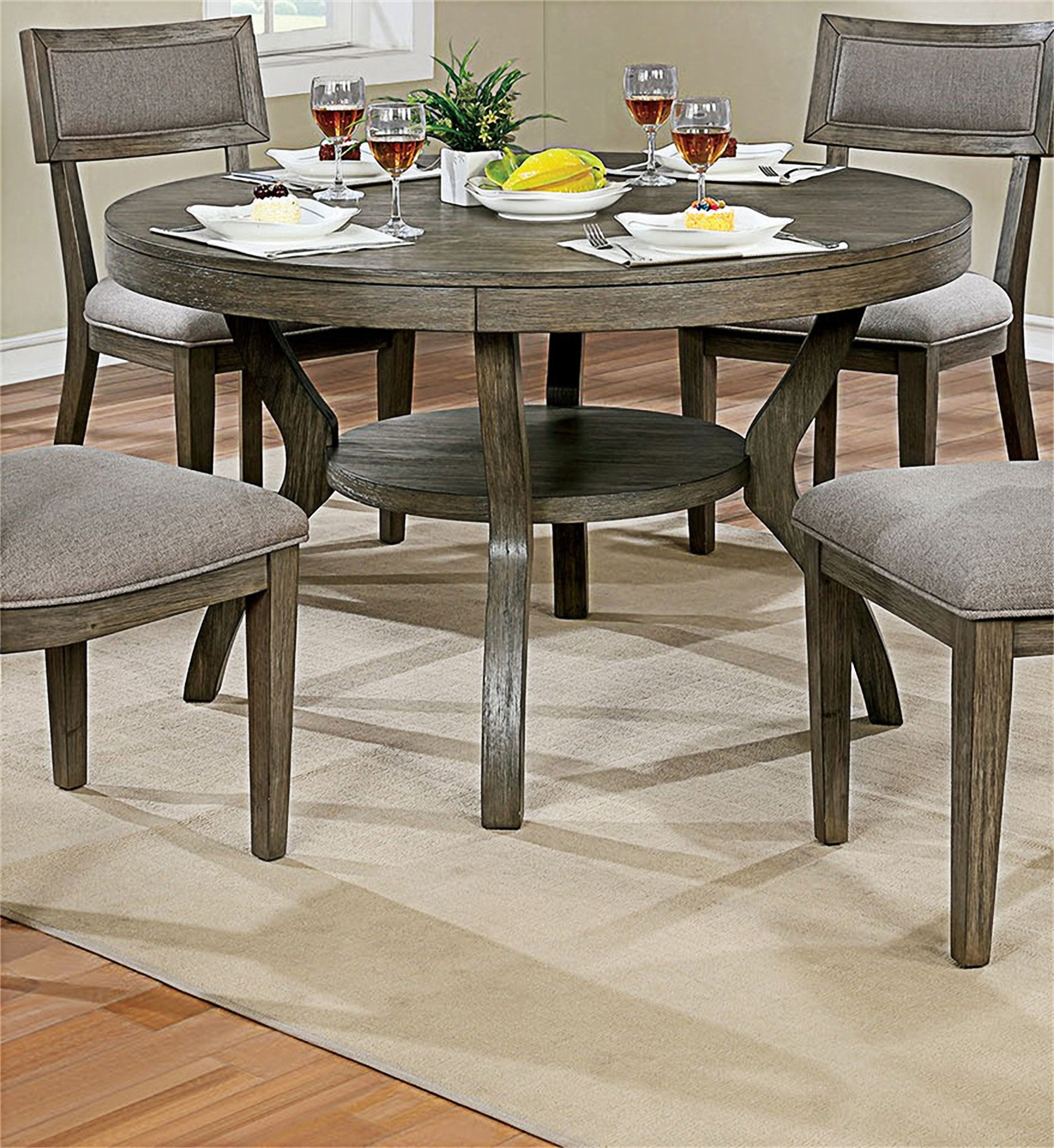 Lark Manor Rustic Grey Solid Wood Round Dining Table W Shelf Dining ...