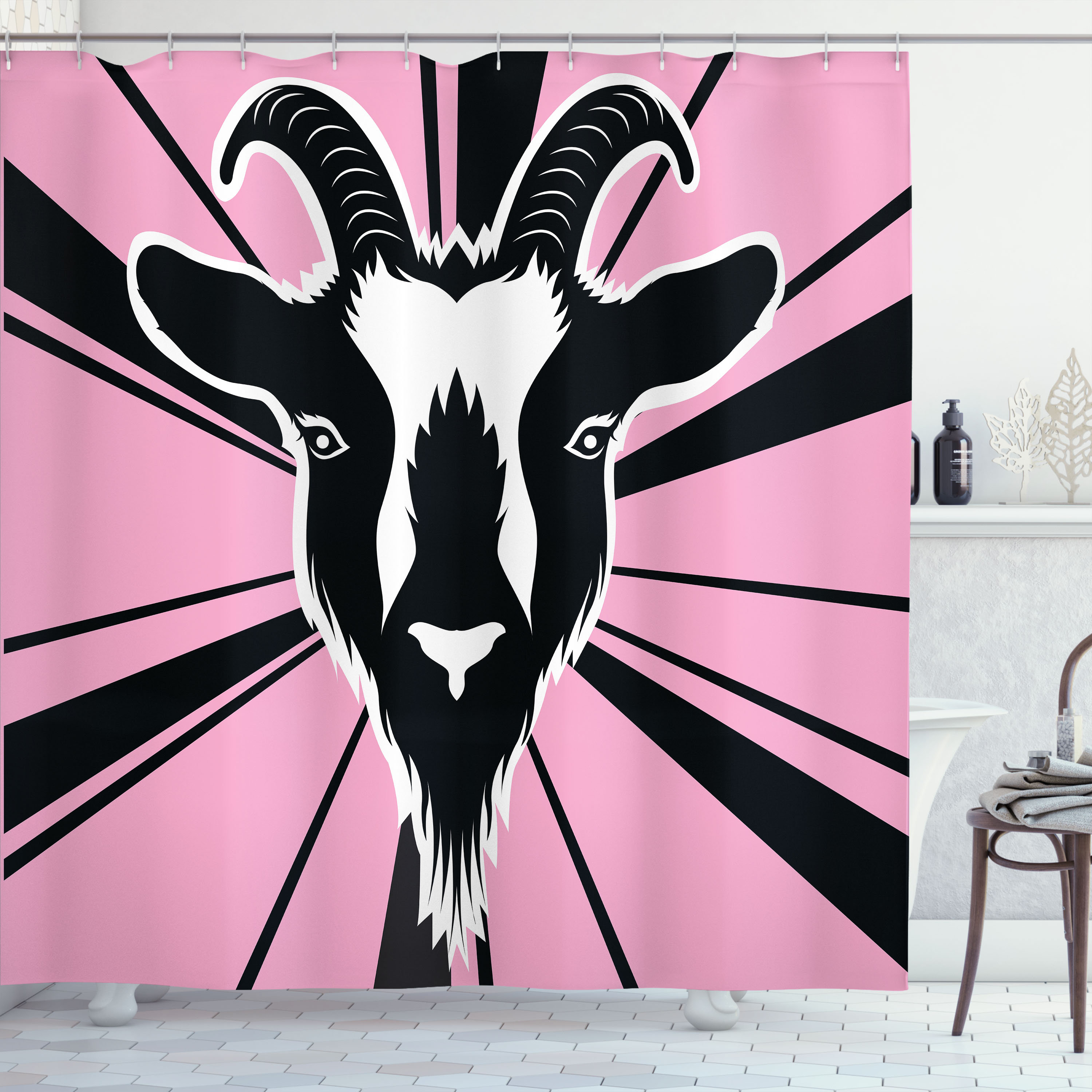 East Urban Home Goat Shower Curtain Graphic Goat Head Art Pale Pink ...