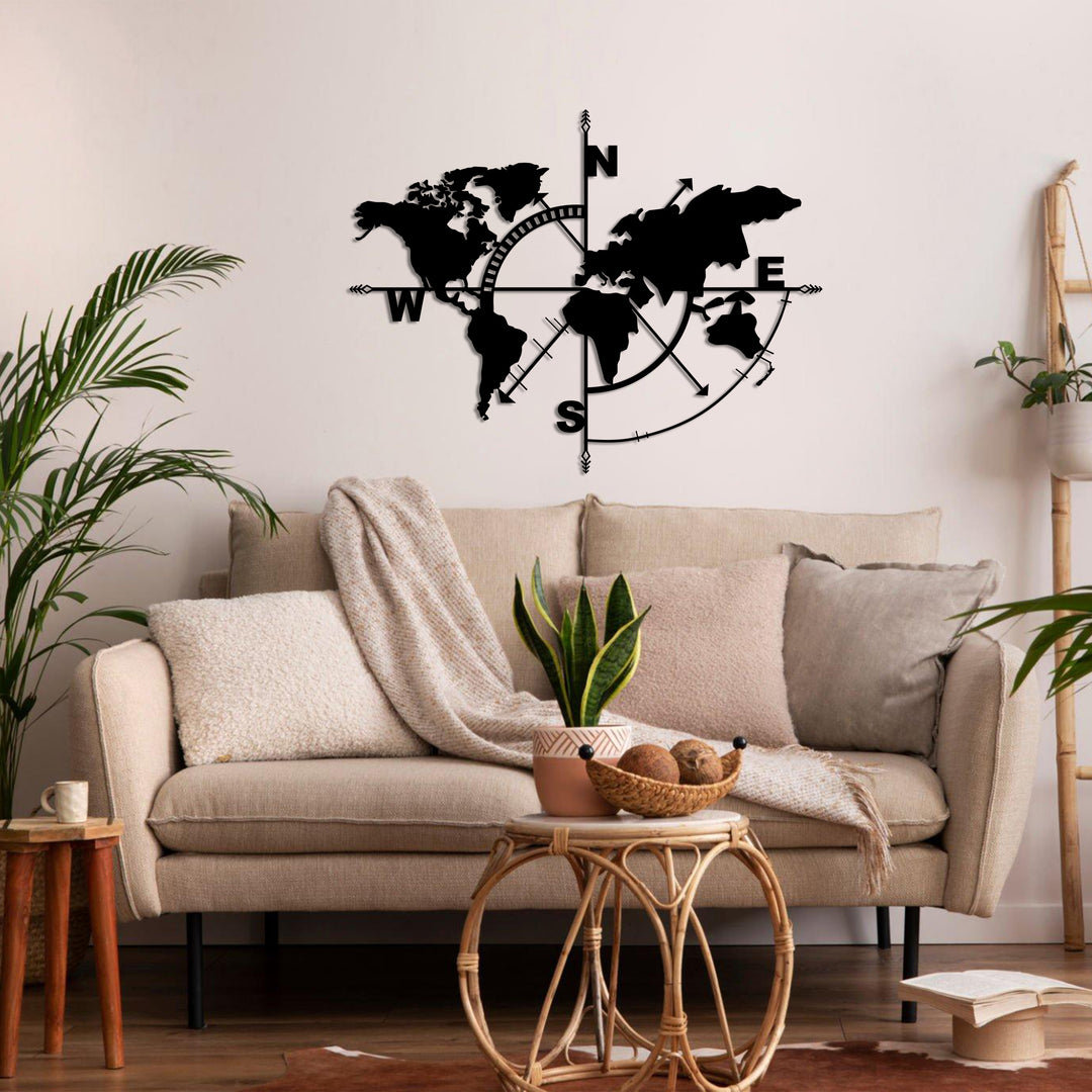 Dekadron World Map Compass Metal Wall Art – Geometric Design, 16-Gauge ...