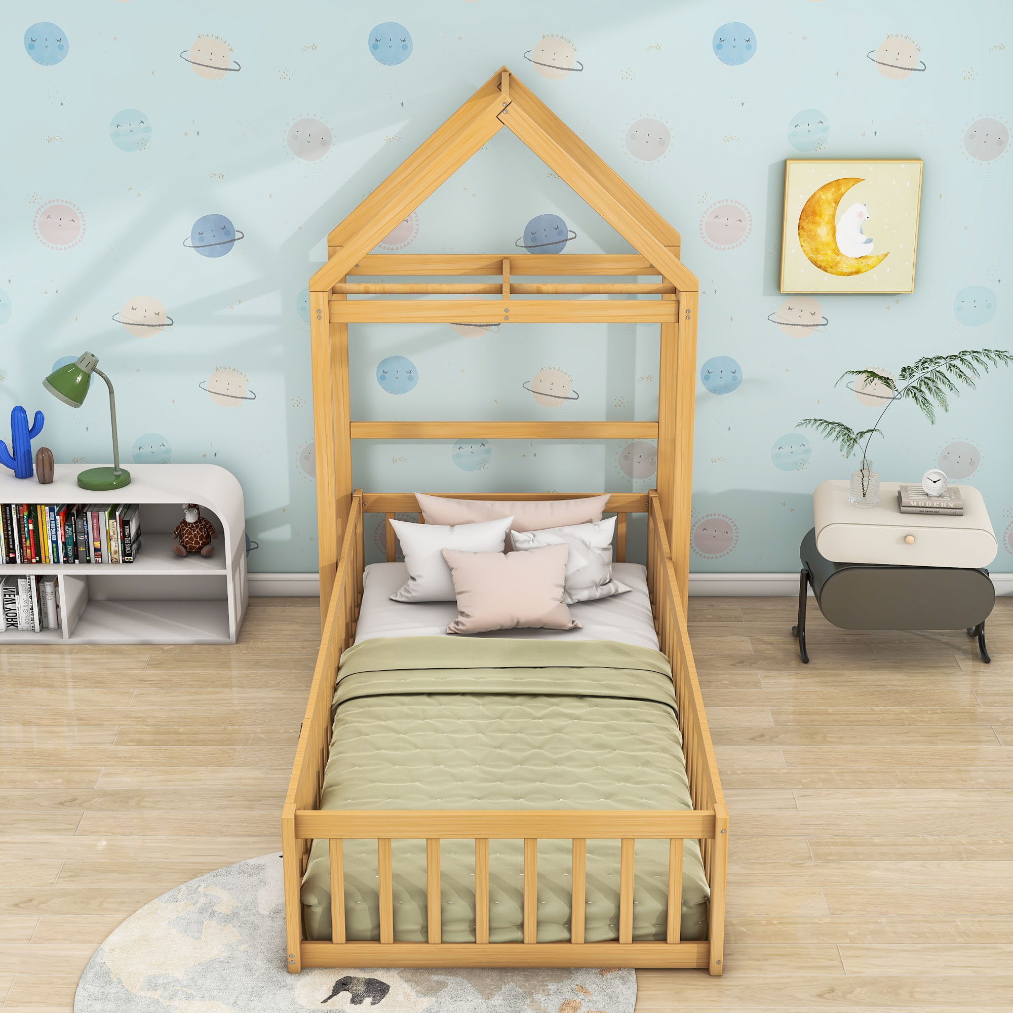 Harper Orchard Akosha Wood Twin/Full Floor Bed with Fence Railings and ...