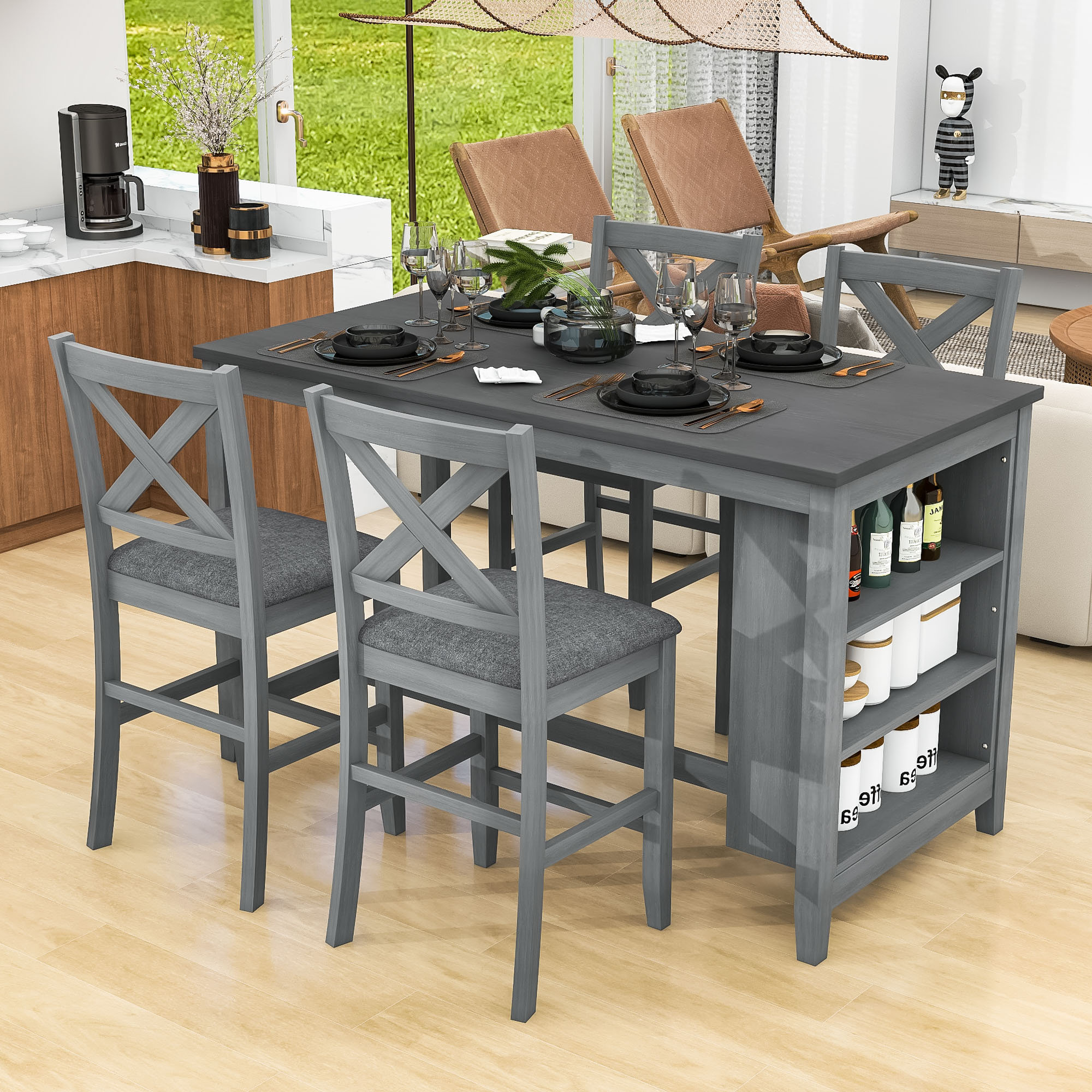 Gracie Oaks 5-Piece Dining Set, Counter Height Dining Table with Built ...