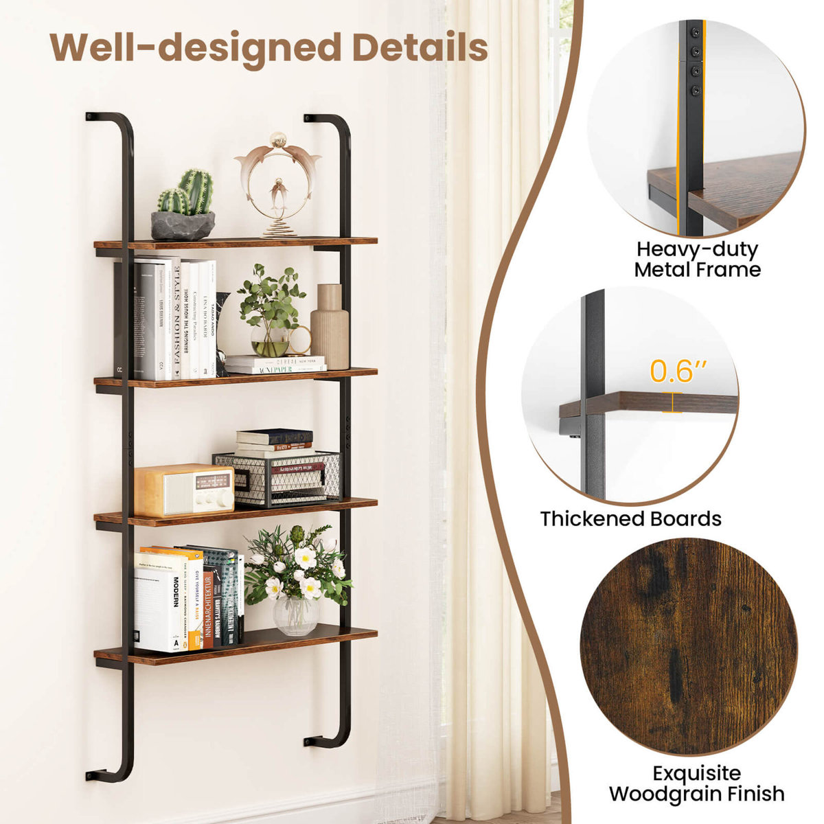 Topbuy 4-tier Wall-mounted Ladder Shelf Display Bookshelf With Heavy ...
