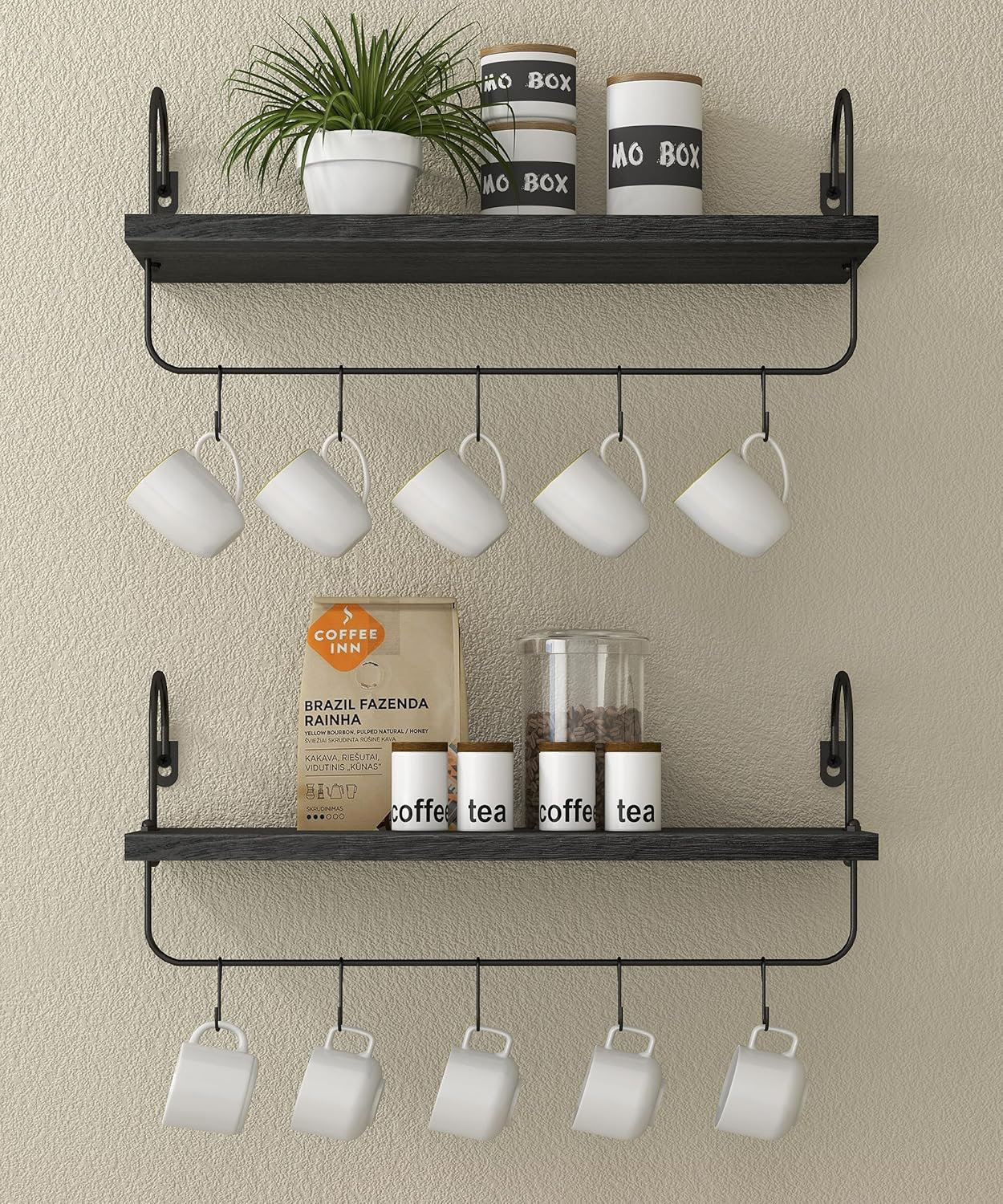 17 Stories Coffee Mug Holder, Coffee Bar Shelf With Hooks Wall Mount ...