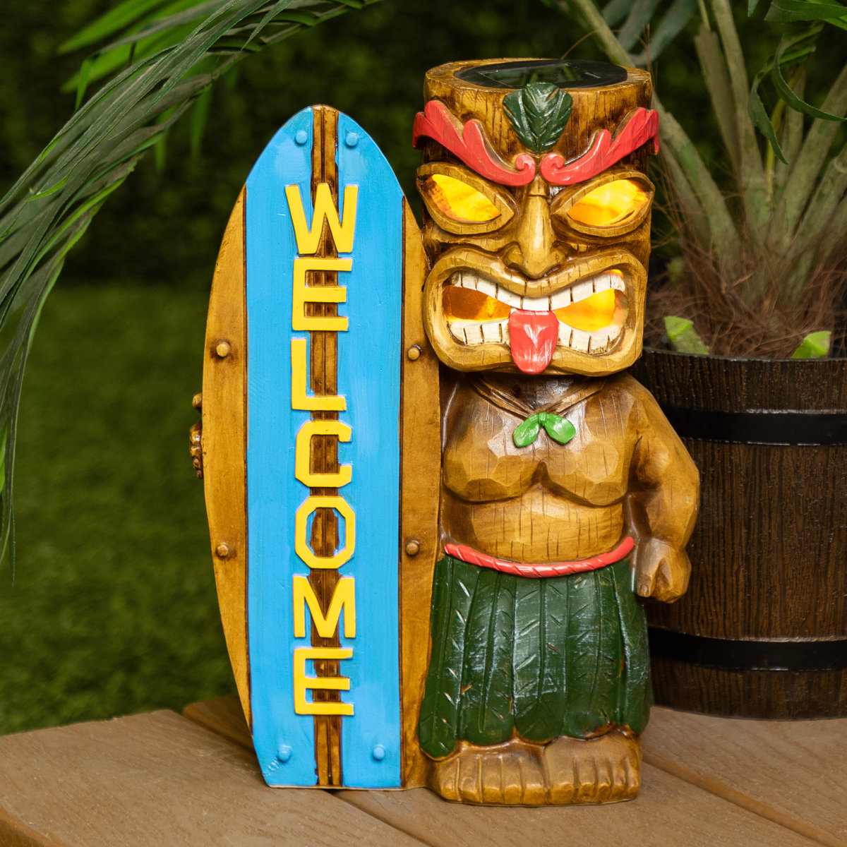 Trinx 12"H Solar-Powered Tiki Statue with LED Lights | Wayfair