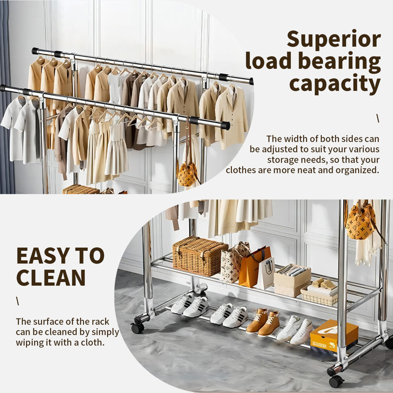 Rebrilliant Double-Bar Clothing Garment Rack with Wheels | Wayfair