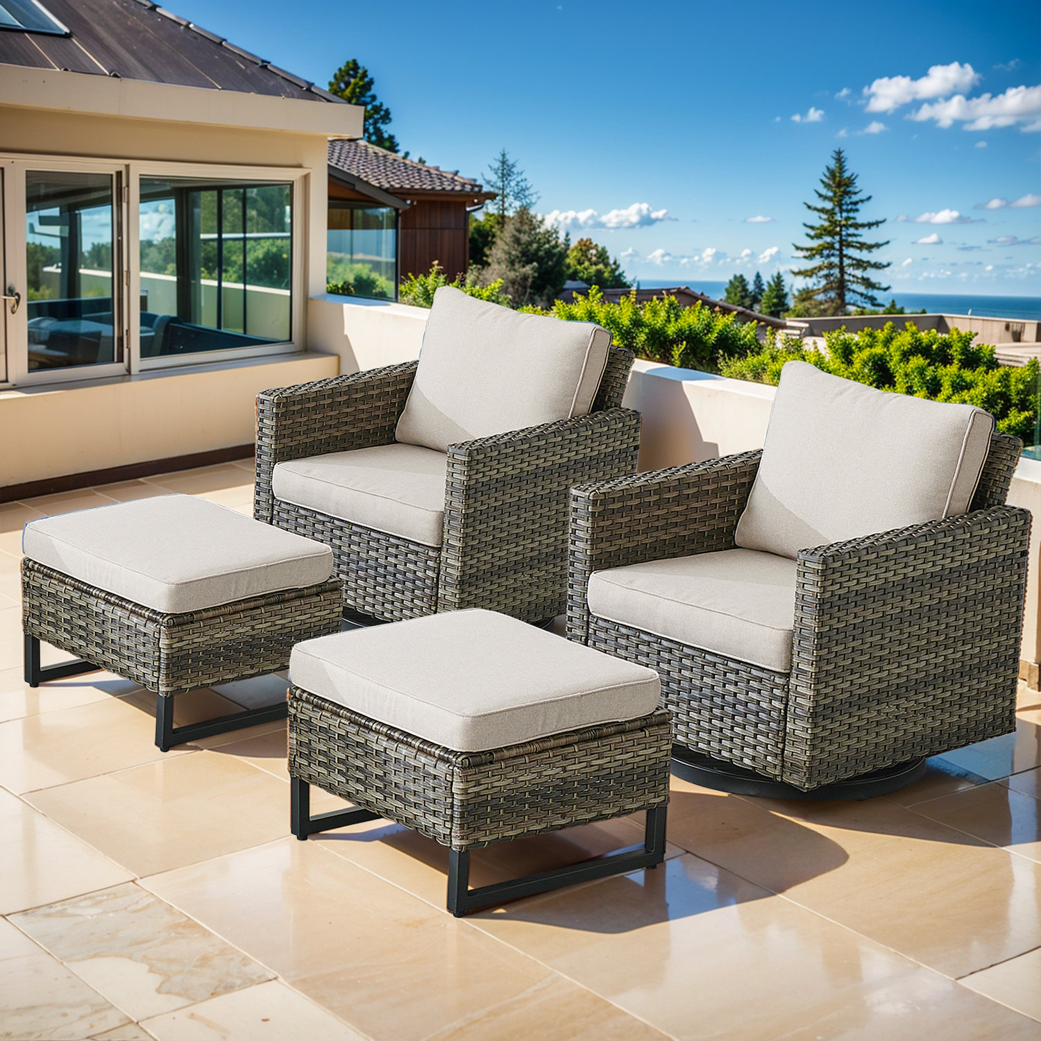 Latitude Run® Outdoor Patio Swivel Rocking Chairs With Ottomans (Set Of ...