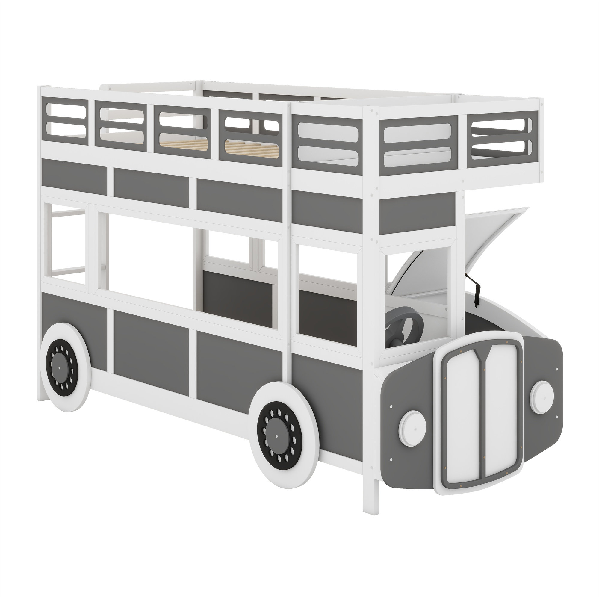 George Oliver Bus-Shaped Bunk Bed With Decorative Wheels And Storage ...
