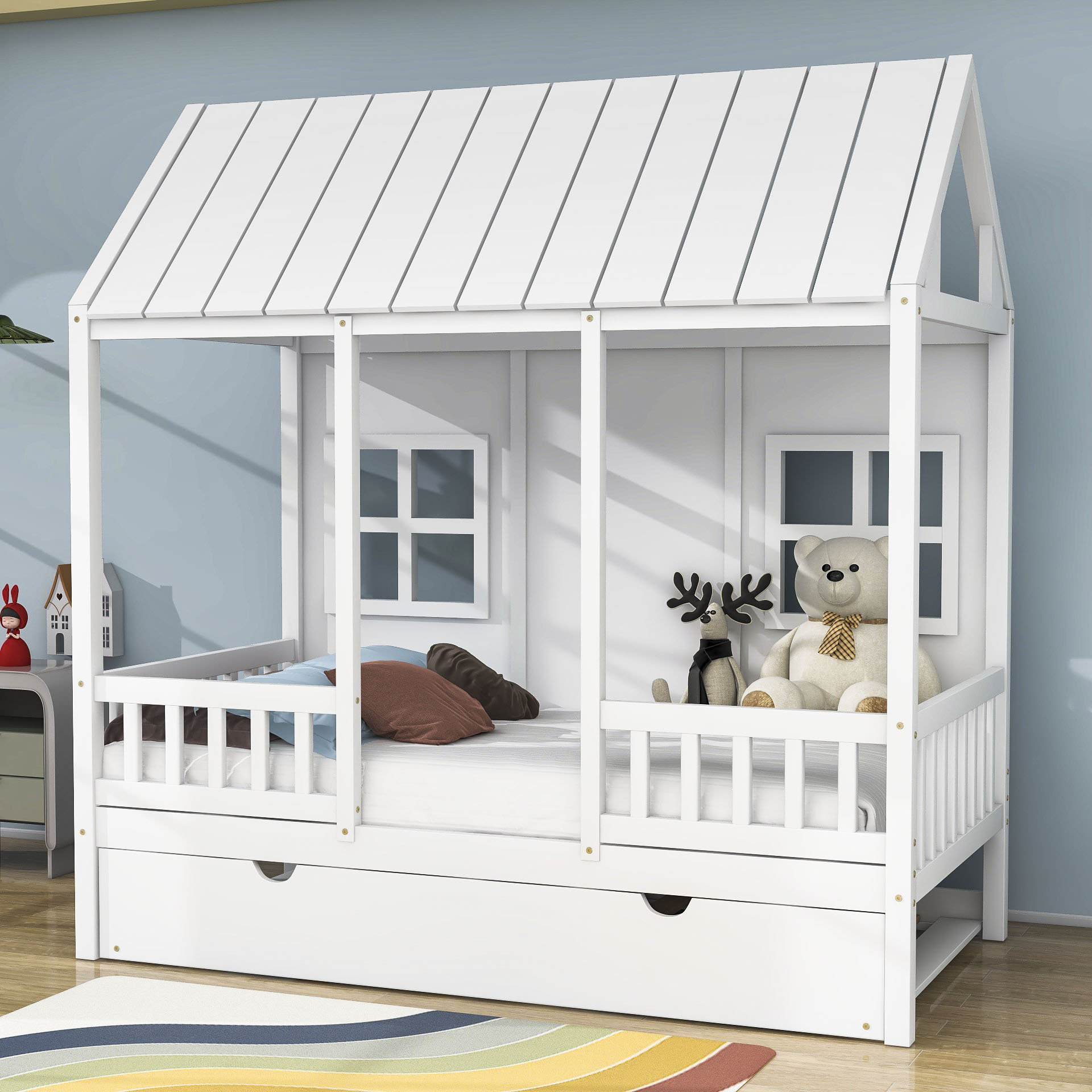 Harper Orchard Twin Size Wooden House Bed With Trundle | Wayfair