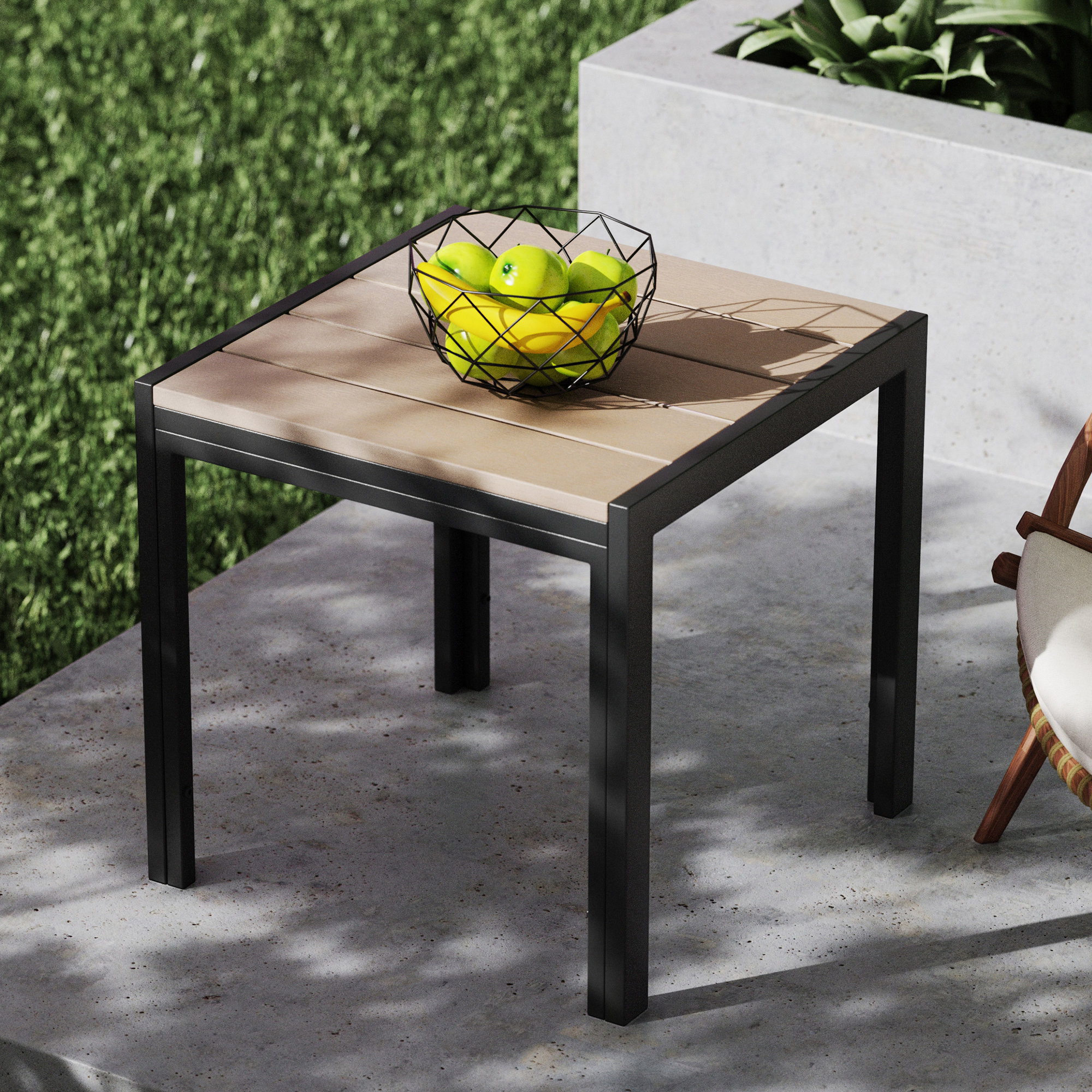 Ebern Designs Square Patio Side Table, Outdoor Wood Grain Tabletop ...