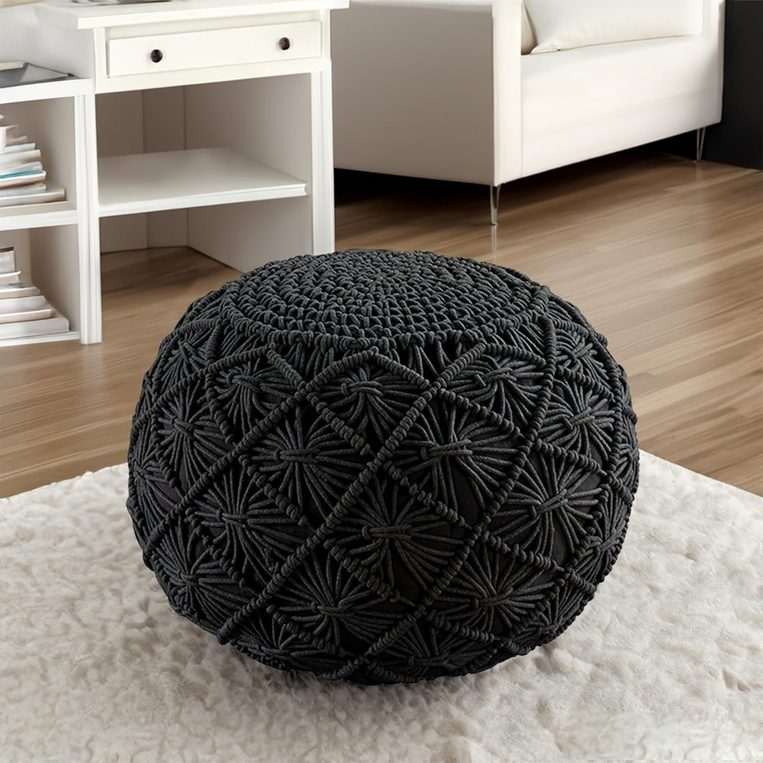 Bungalow Rose Macrame Ottoman Pouf Hand Knitted Large Foot Rest for ...