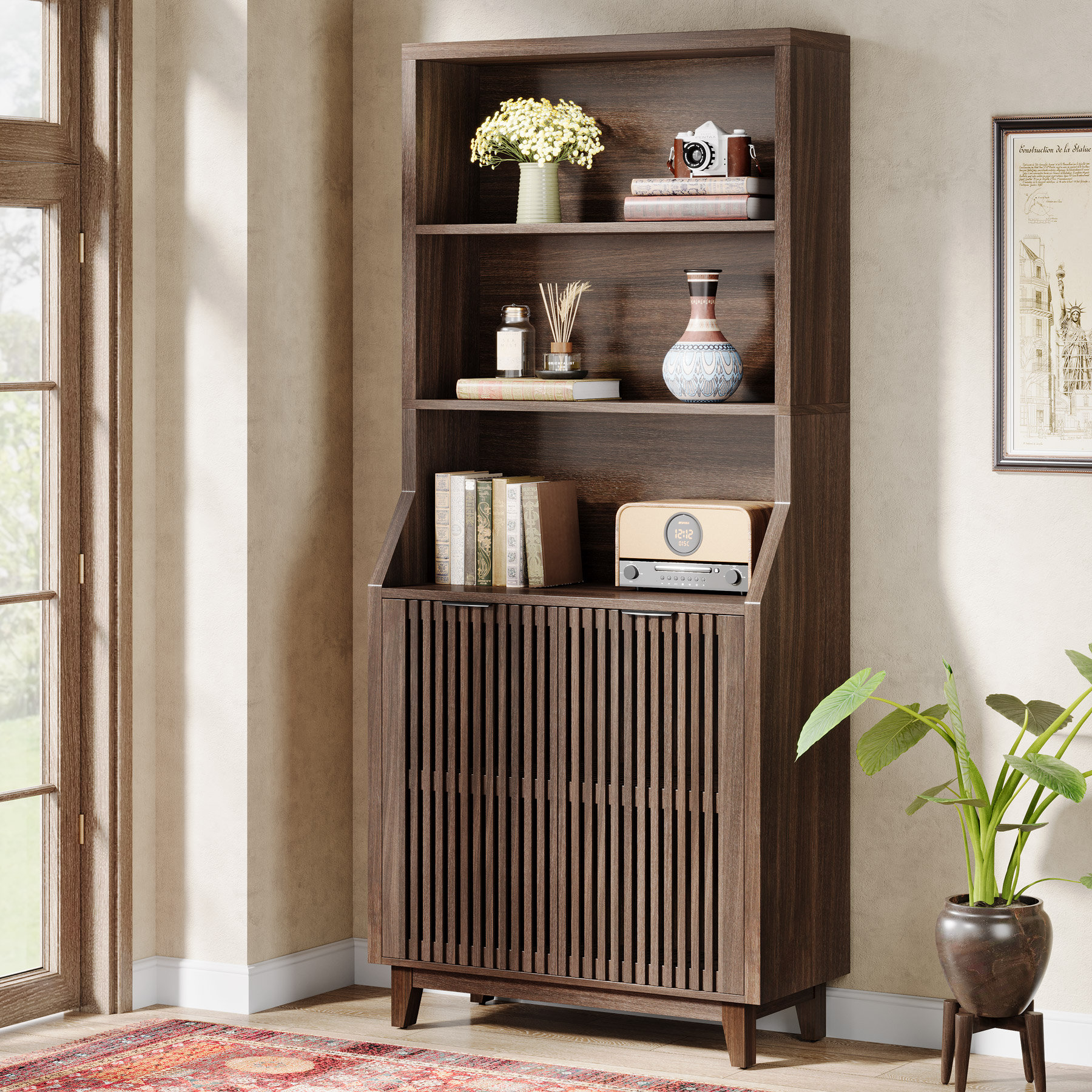 Lark Manor Industrial Bookcase With Doors, 5 Tier Tall Bookshelf With ...