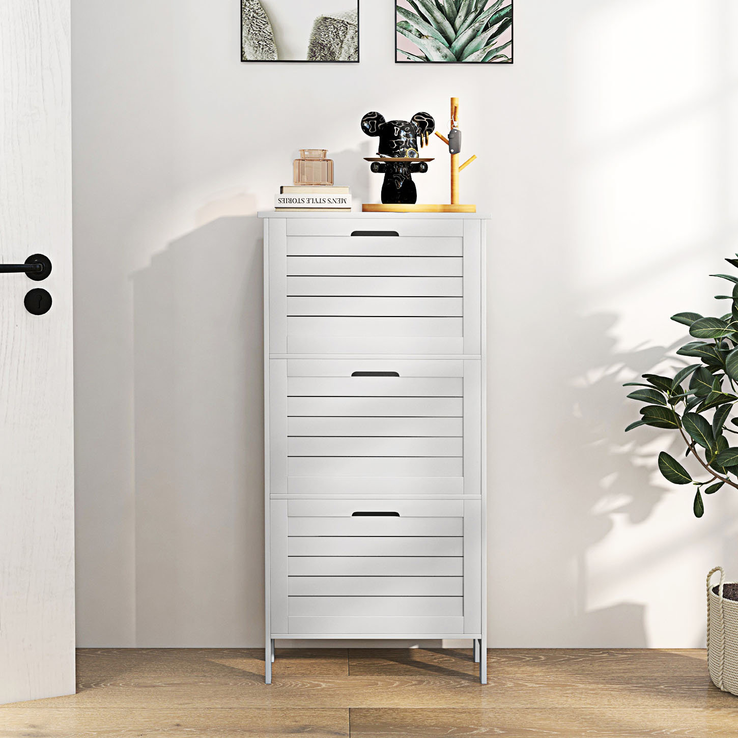 Ebern Designs Narrow Shoe Storage Cabinet With 3 Flip Drawers, Slim ...
