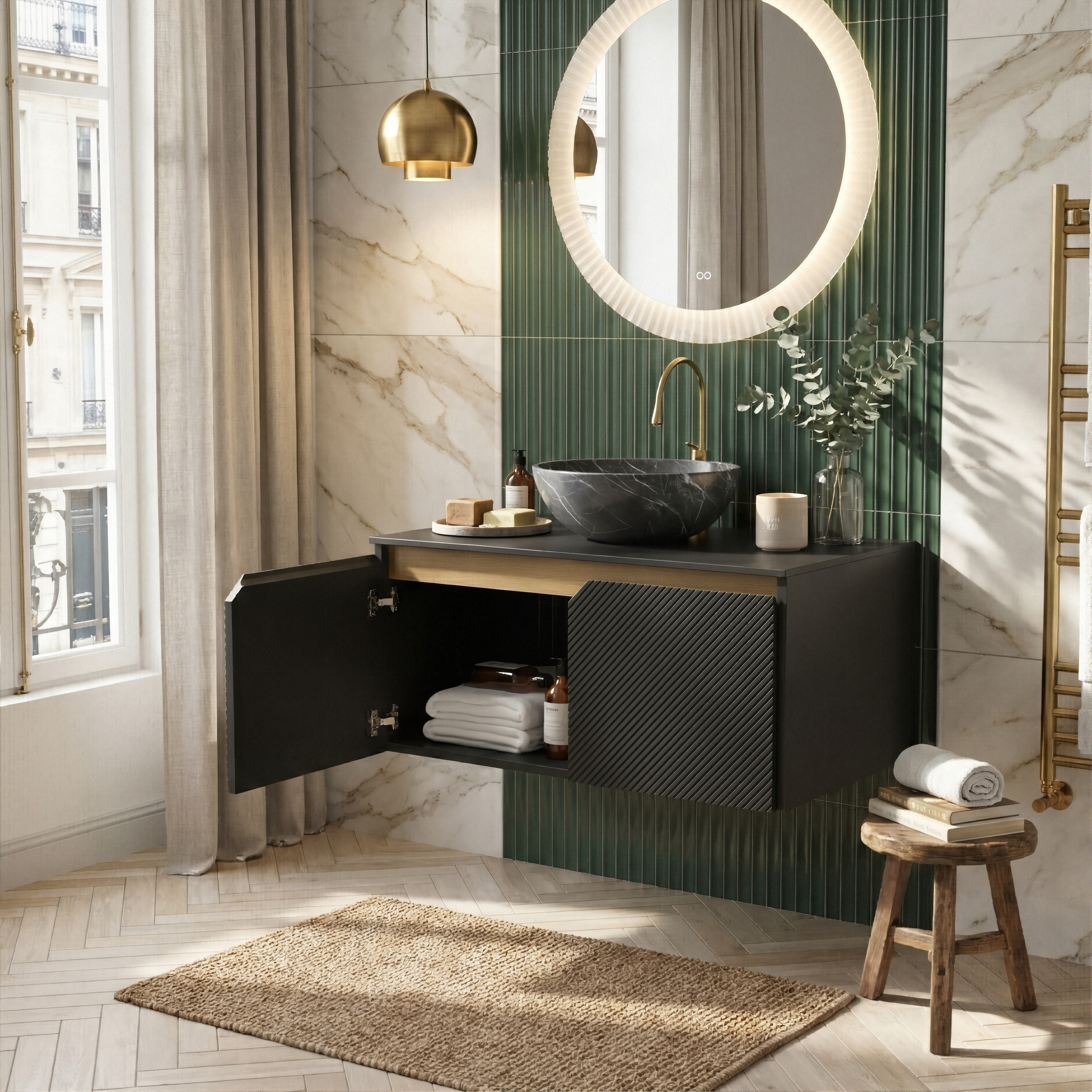 Ebern Designs Modern Floating Vanity With Black Sintered Stone Top ...