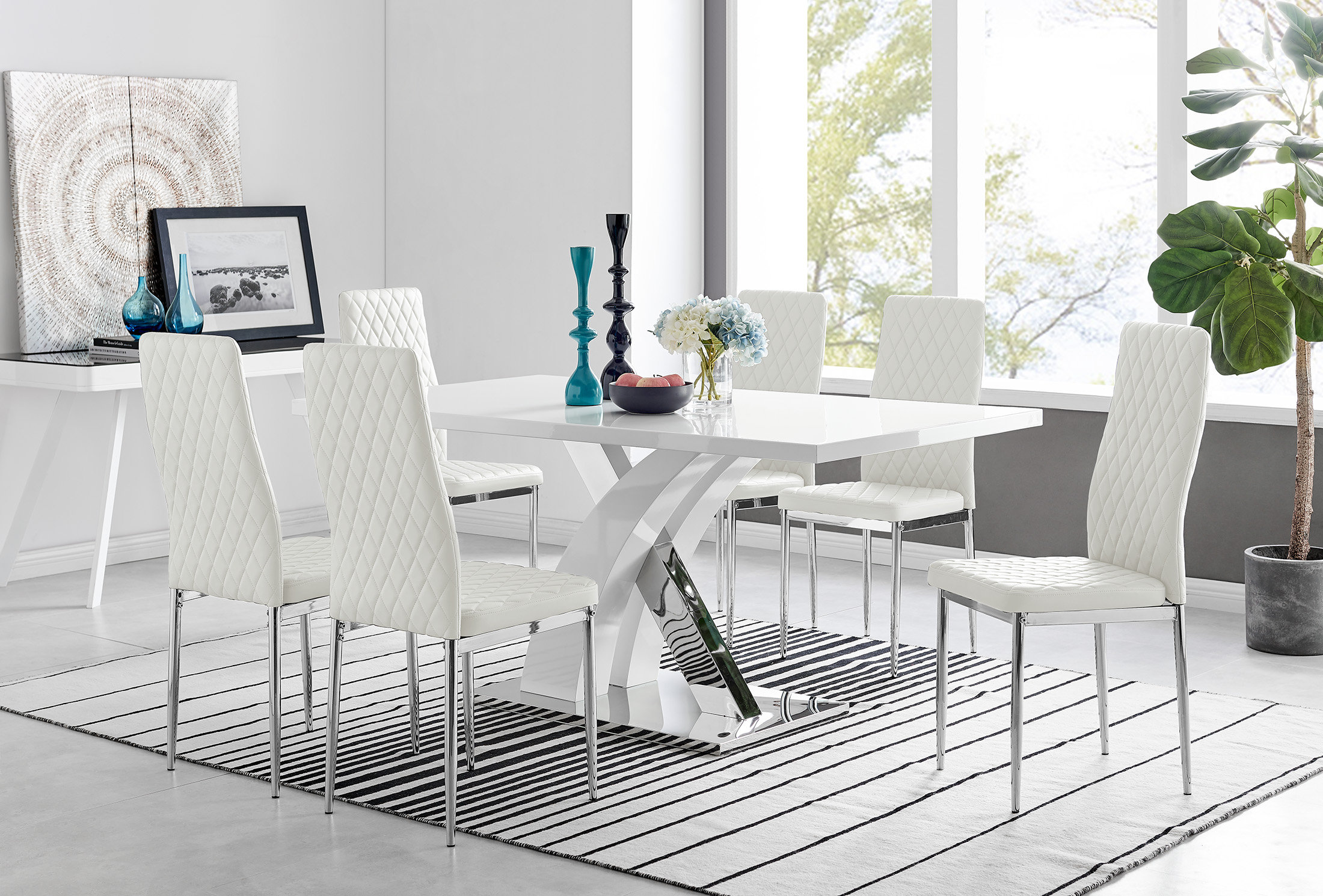 Canora Grey Marietta Chrome Metal & White High Gloss Dining Table Set ...