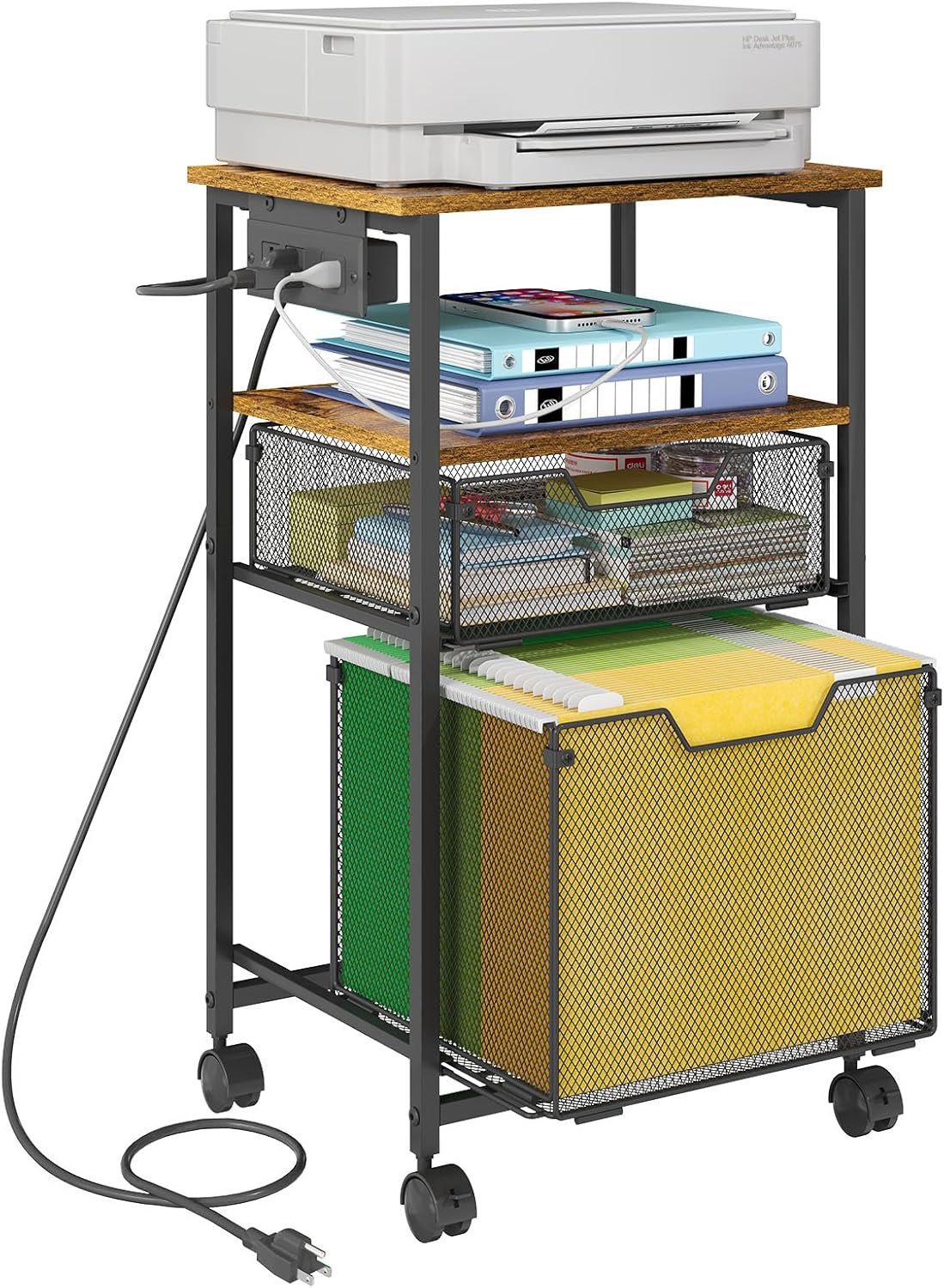 BY Family 4-Tier Rolling File Cart With Built-In Power Outlets & USB ...