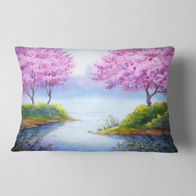Design Art Flowering Trees Over Lake - Landscape Printed Throw Pillow ...