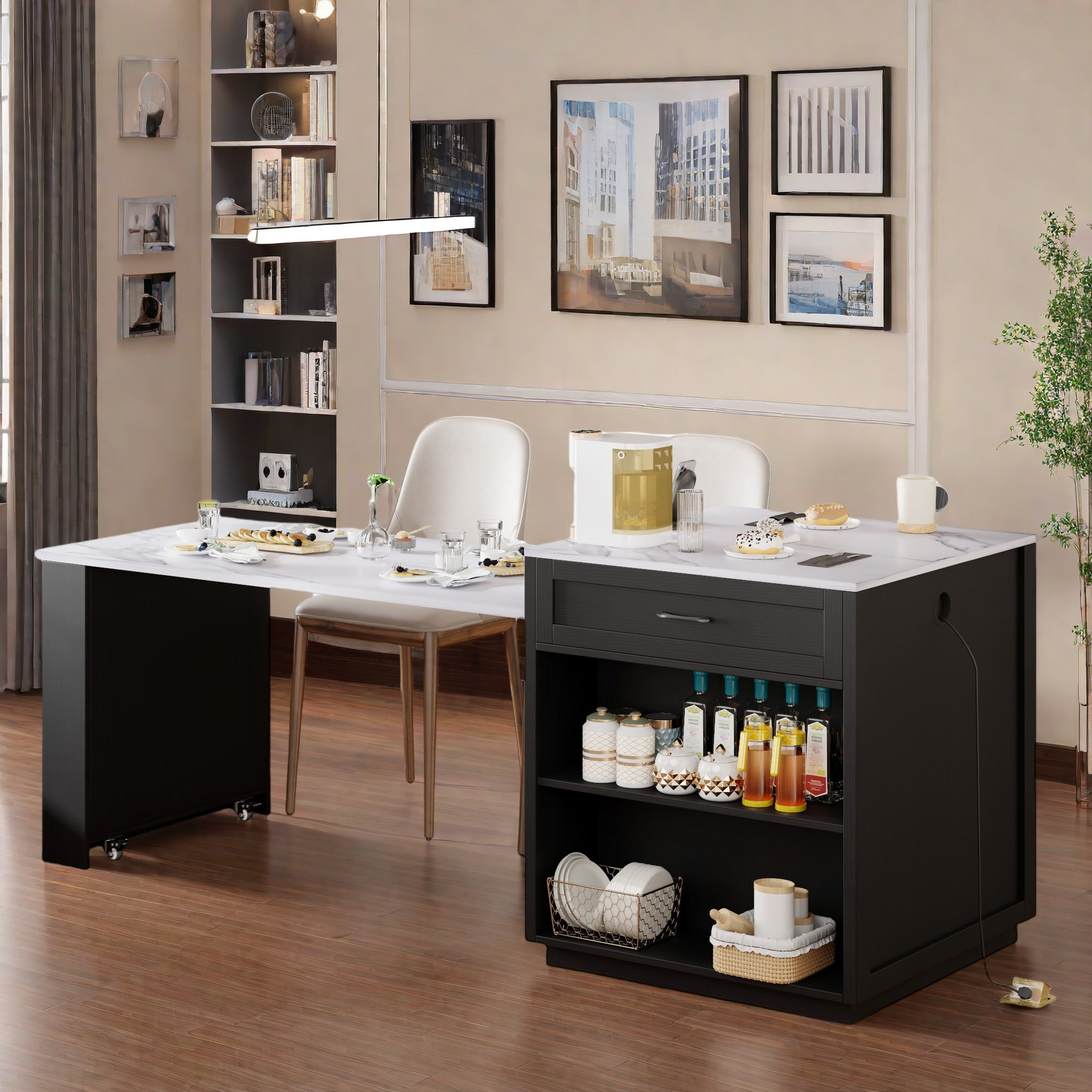 Ivy Bronx Kitchen Island With Extendable Dining Table, Power Outlet, 2 ...